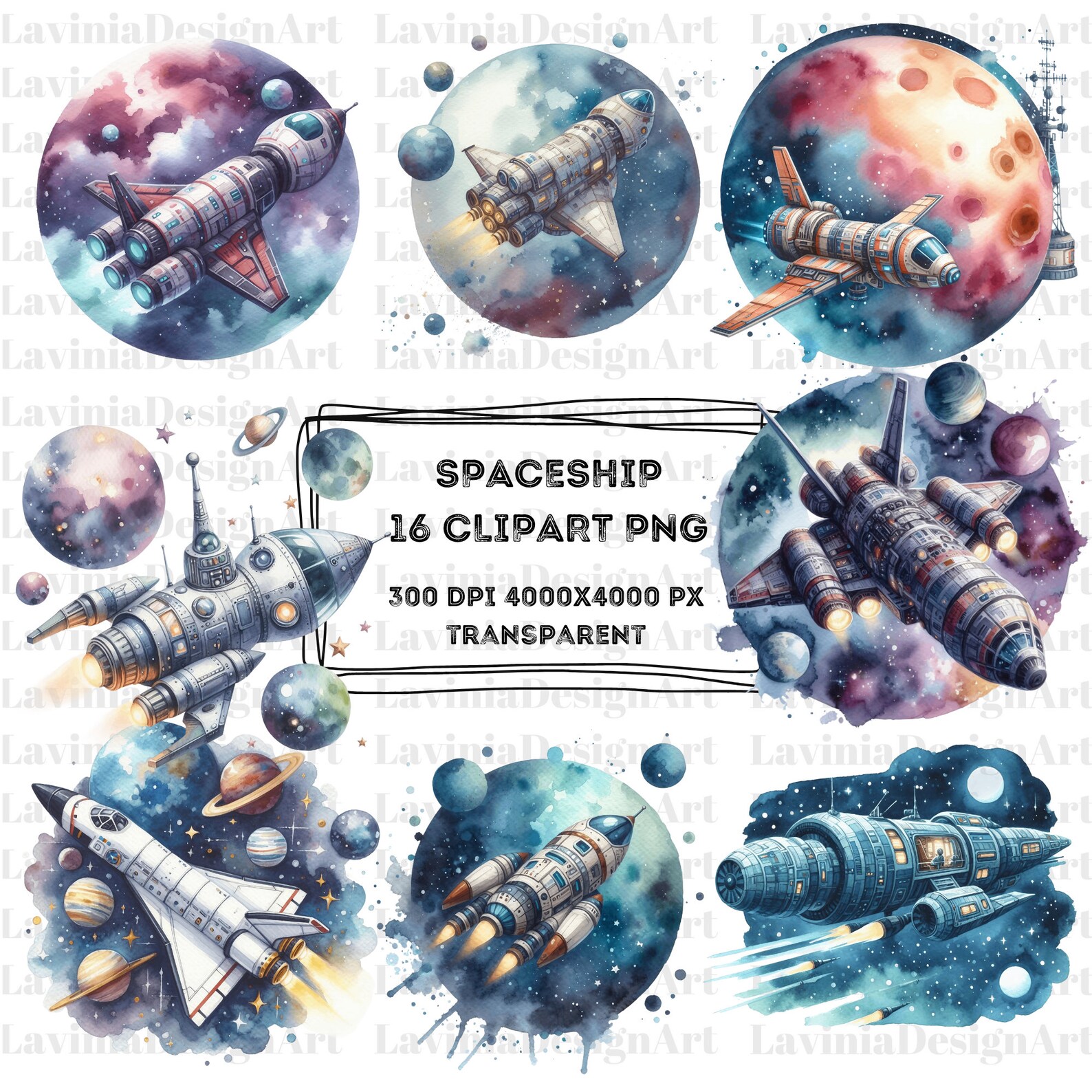 Spaceship Clipart Watercolor Spacecraft Clipart Watercolor Spaceship ...
