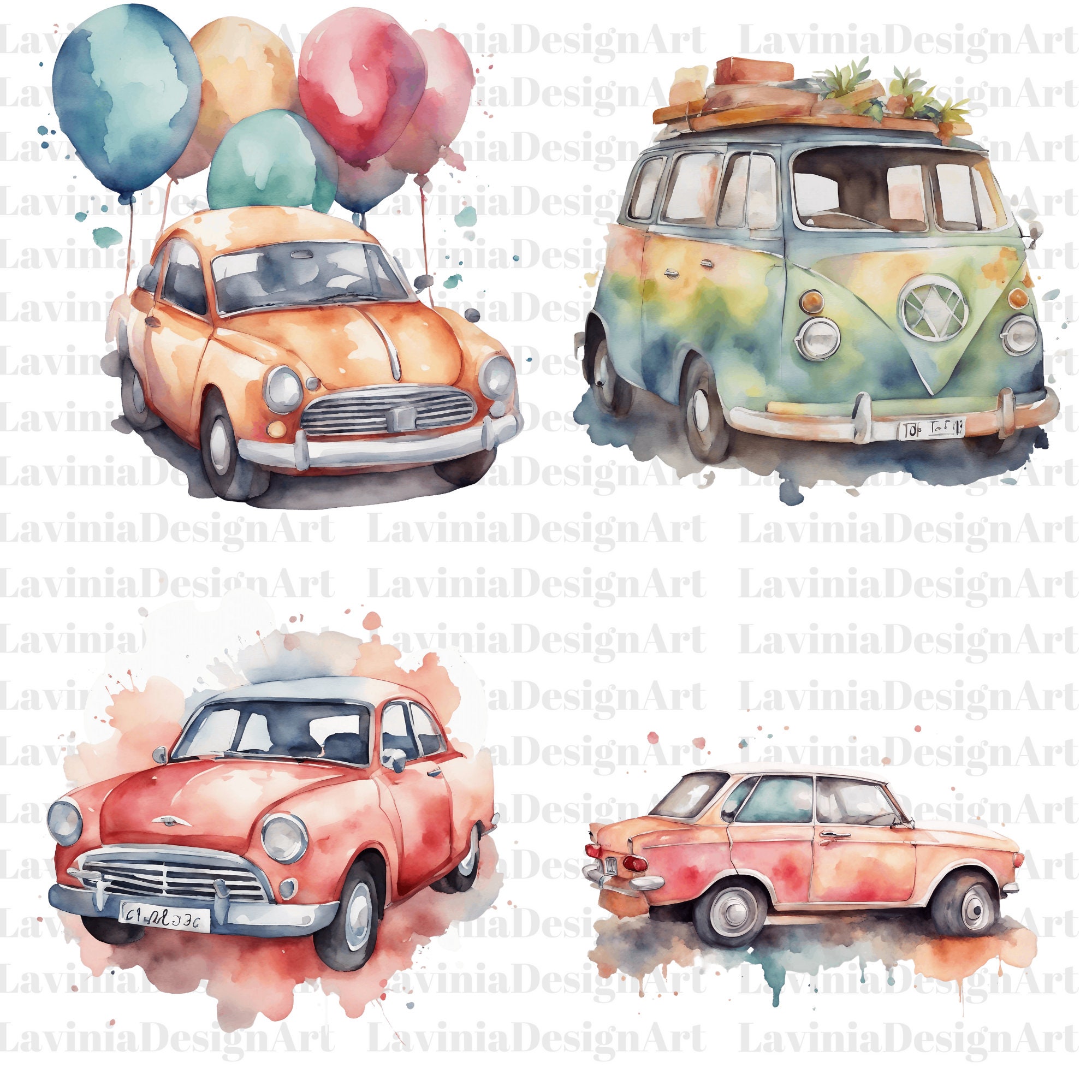 Watercolor Cute Vintage Cars Clipart Nursery Watercolor Cars - Etsy