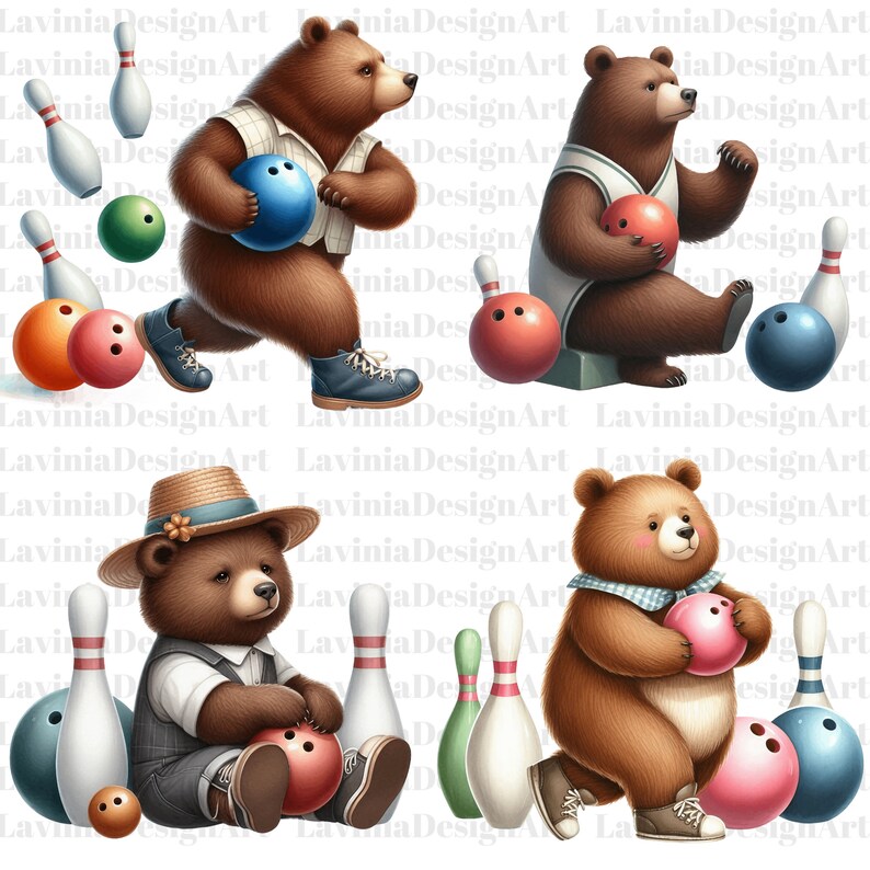 Bear Playing Bowling Clipart Watercolor | Sport Clipart | Animal Sport ...
