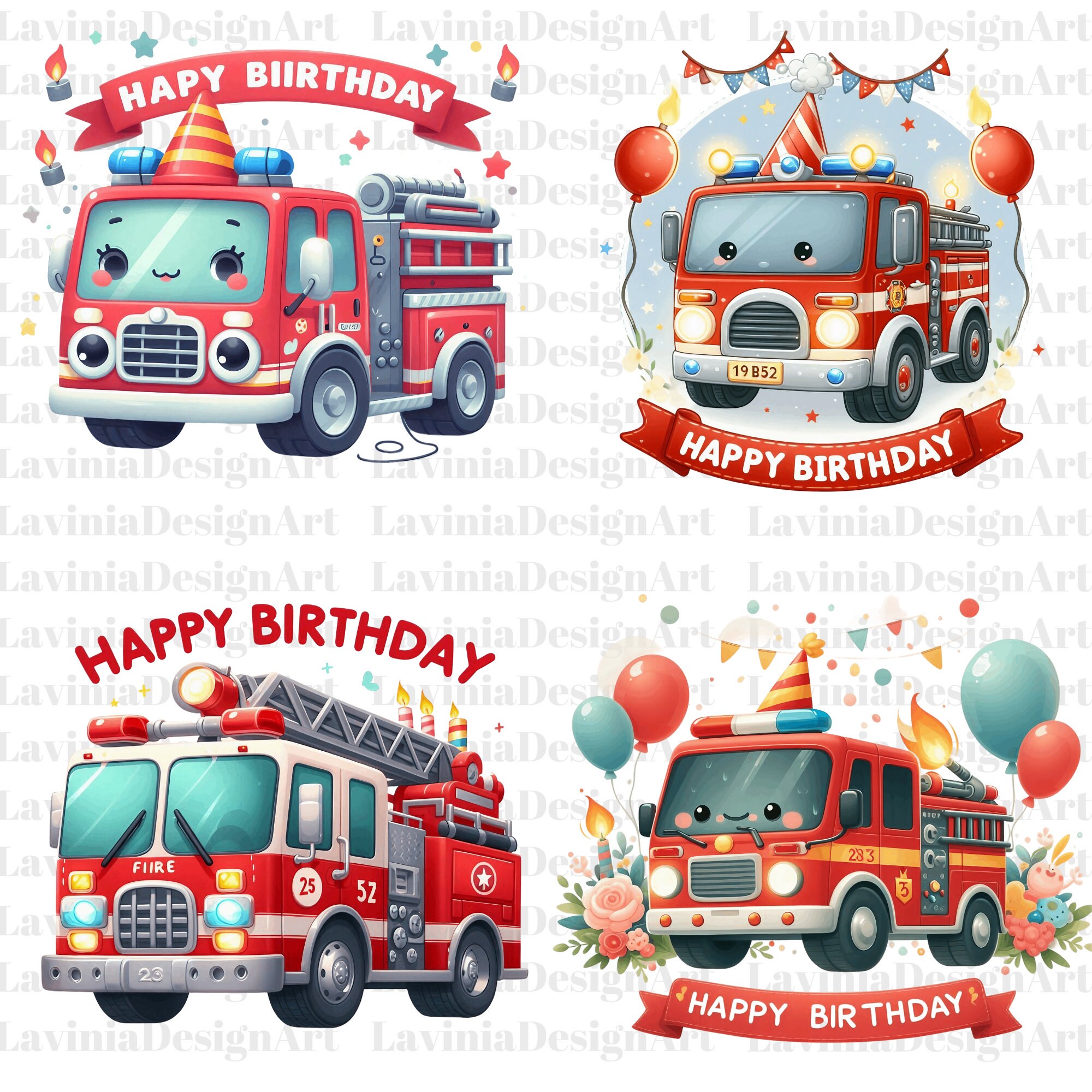 Happy Birthday Fire Truck Clipart Watercolor | Birthday Clipart | Fire ...