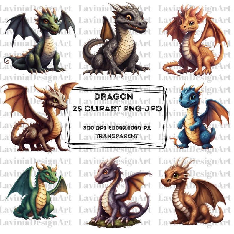 Watercolor Colourful Fantasy Dragon Clipart Dragon PNG-JPG - Etsy
