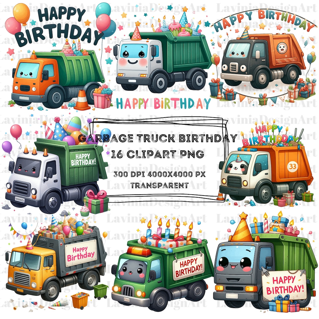 Happy Birthday Garbage Truck Clipart Watercolor | Birthday Clipart ...