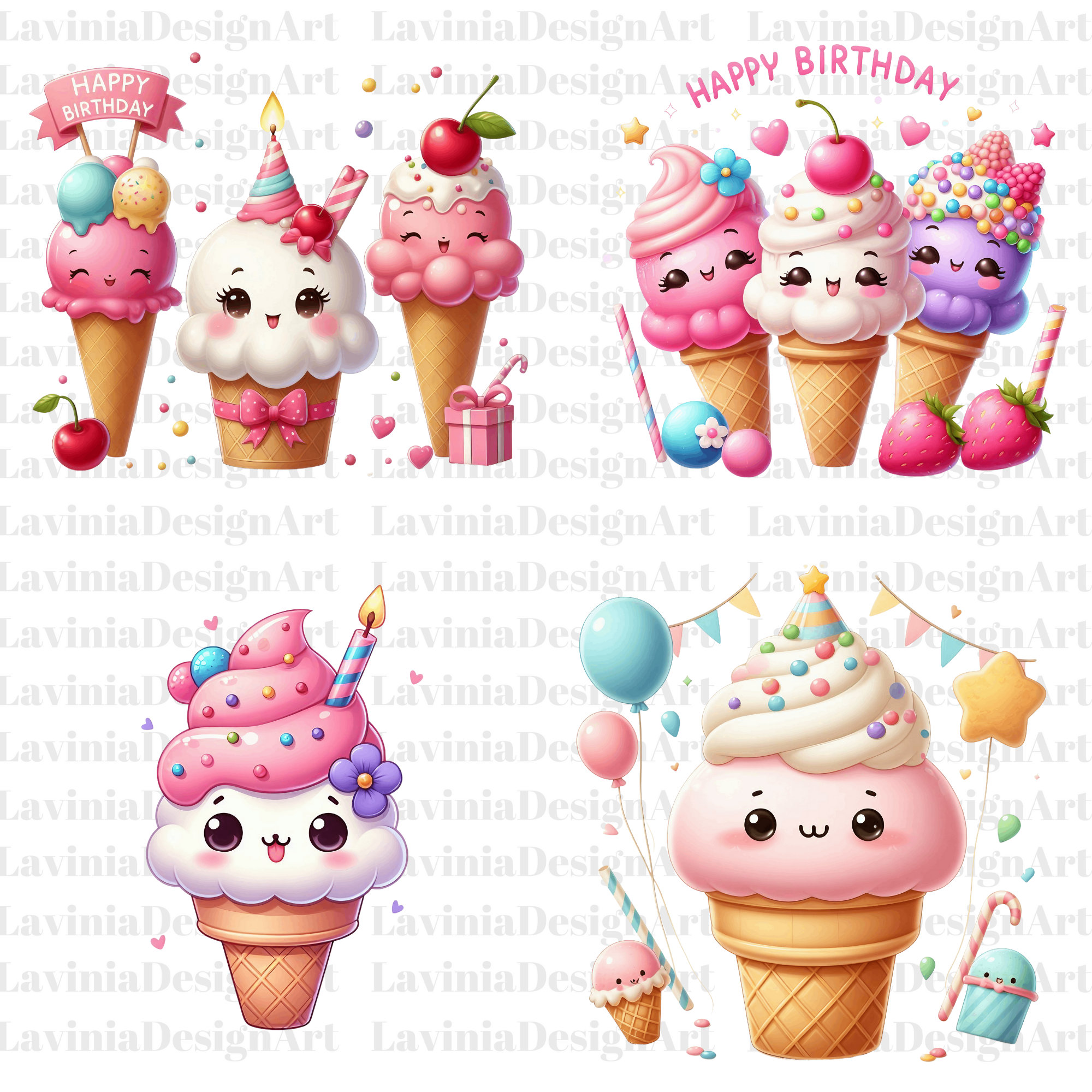Ice Cream Happy Birthday Clipart Watercolor | Ice Cream Clipart | Cute ...