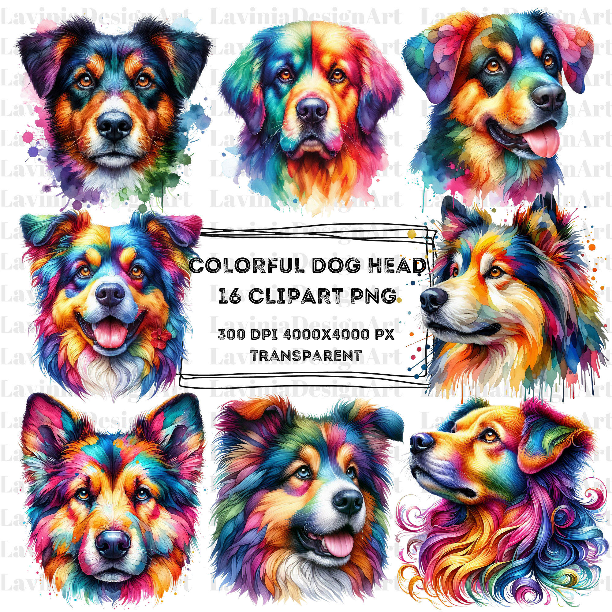 Colorful Dog Head Clipart Watercolor| Colorful Clipart | Dog Head ...