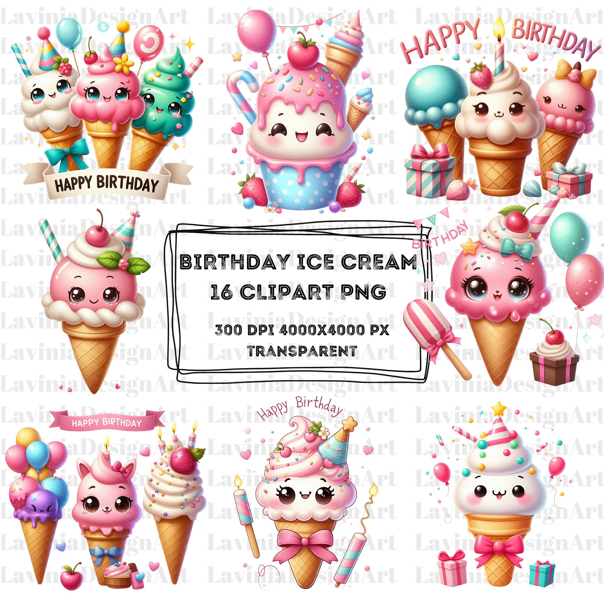 Ice Cream Happy Birthday Clipart Watercolor | Ice Cream Clipart | Cute ...