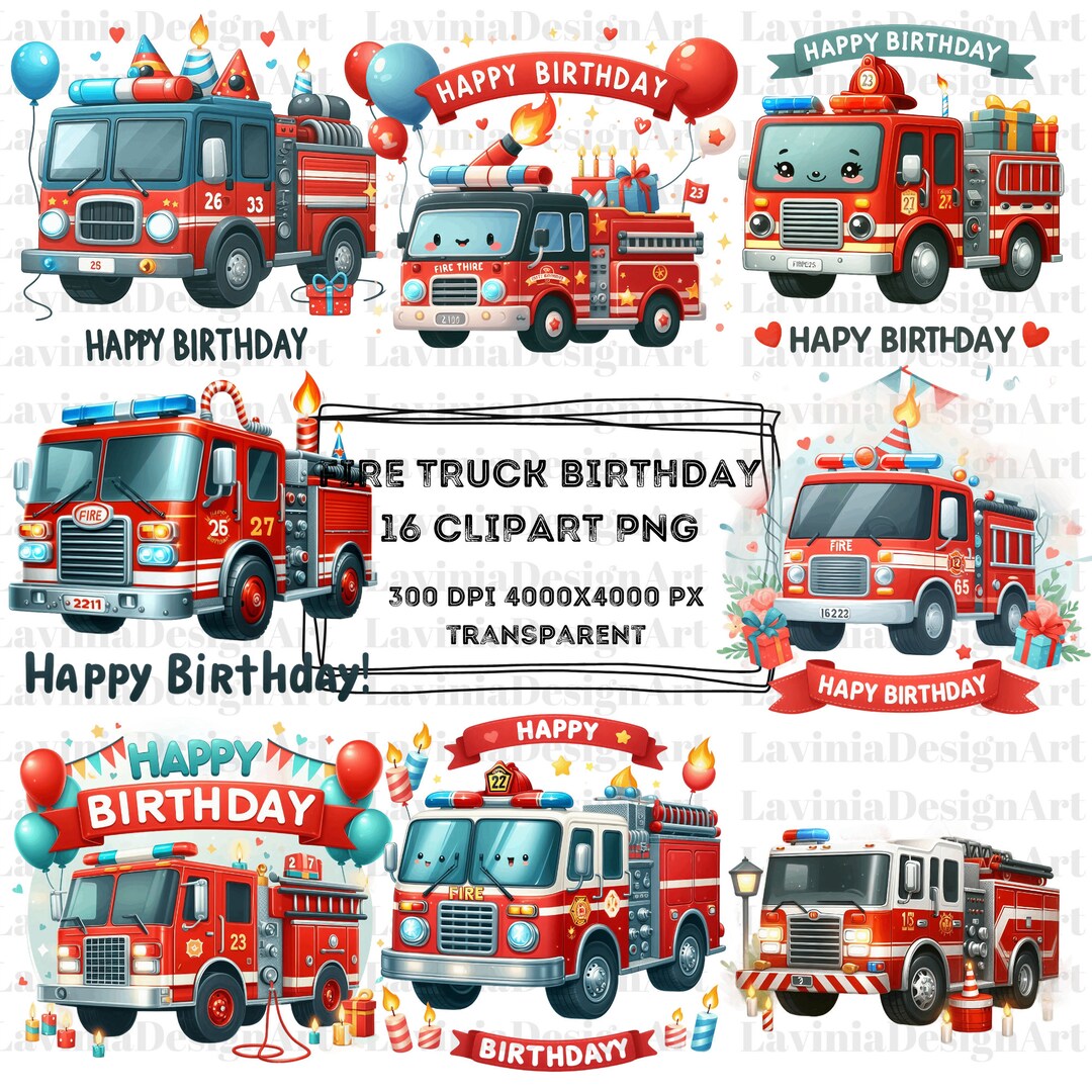 Happy Birthday Fire Truck Clipart Watercolor | Birthday Clipart | Fire ...