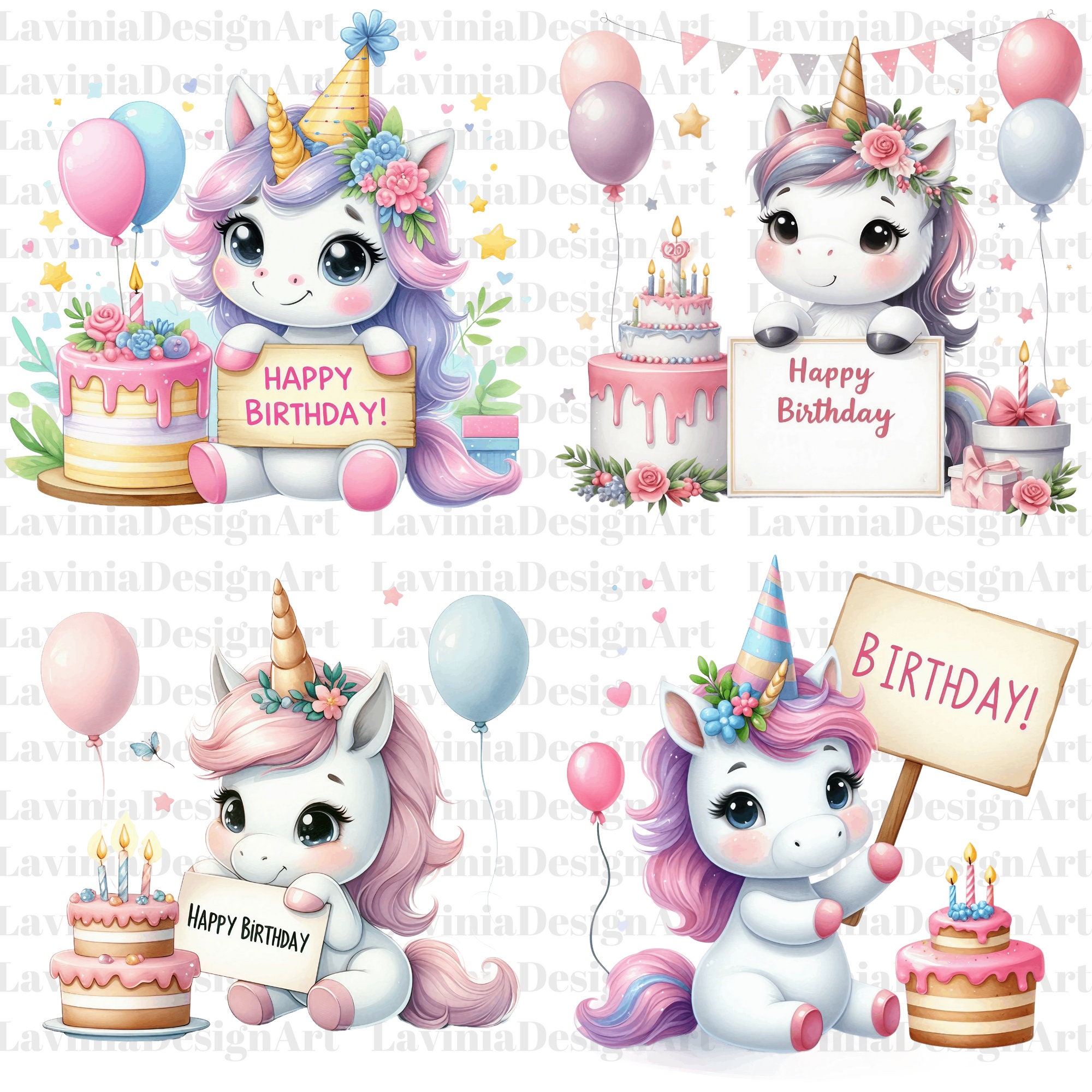 Happy Birthday Unicorn Clipart Watercolor | Unicorn Clipart | Happy ...