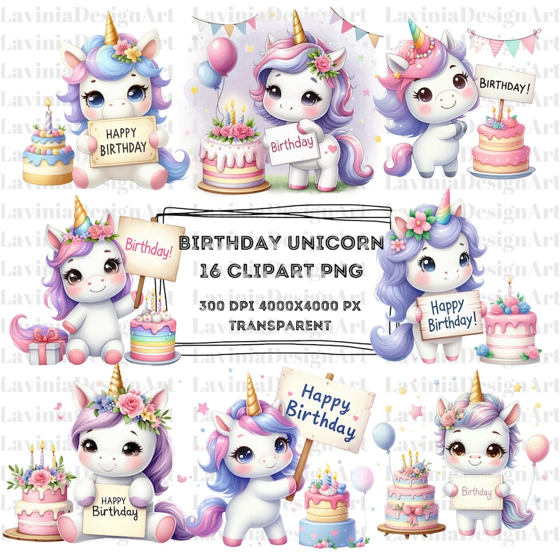 Happy Birthday Unicorn Clipart Watercolor | Unicorn Clipart | Happy ...