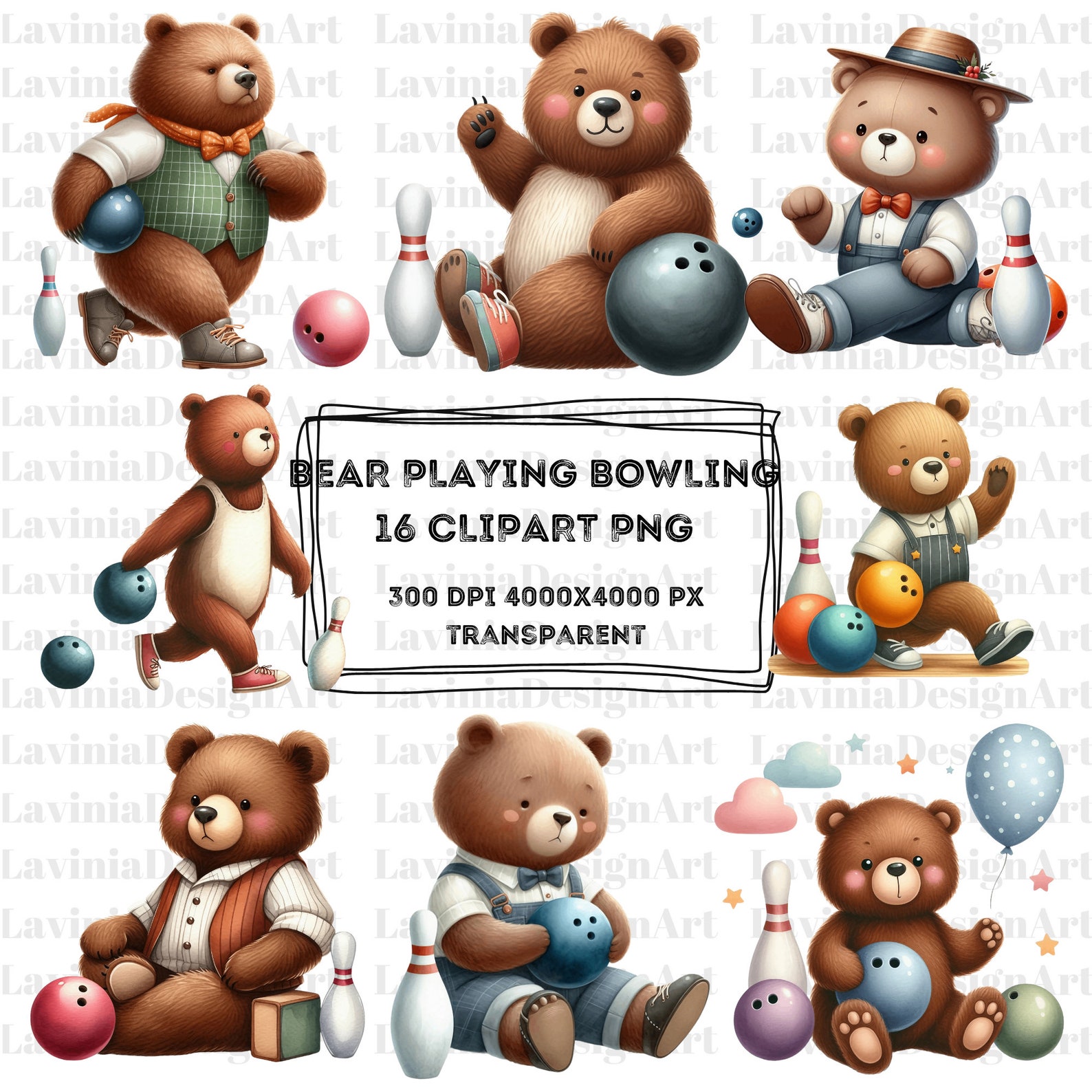 Bear Playing Bowling Clipart Watercolor | Sport Clipart | Animal Sport ...