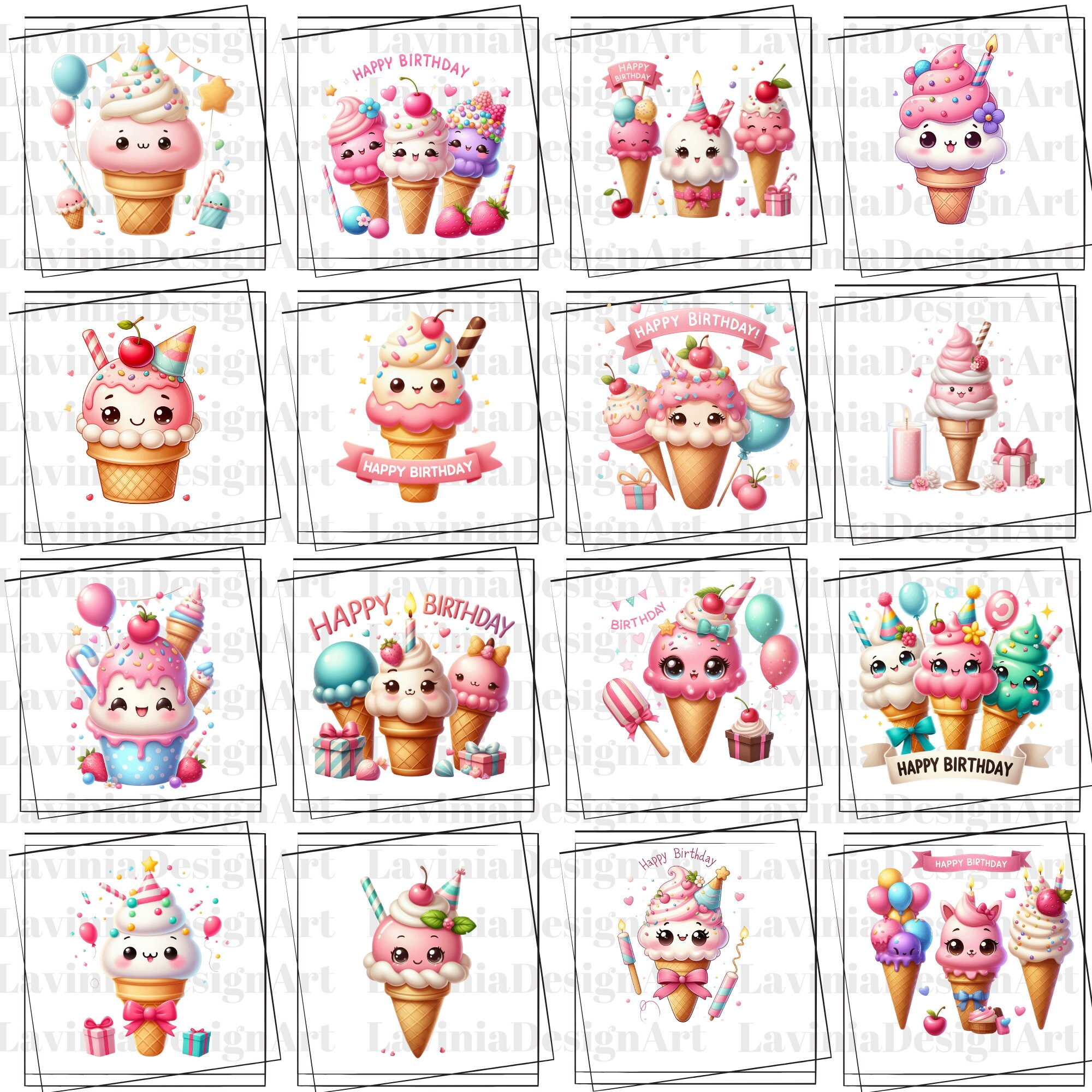 Ice Cream Happy Birthday Clipart Watercolor | Ice Cream Clipart | Cute ...
