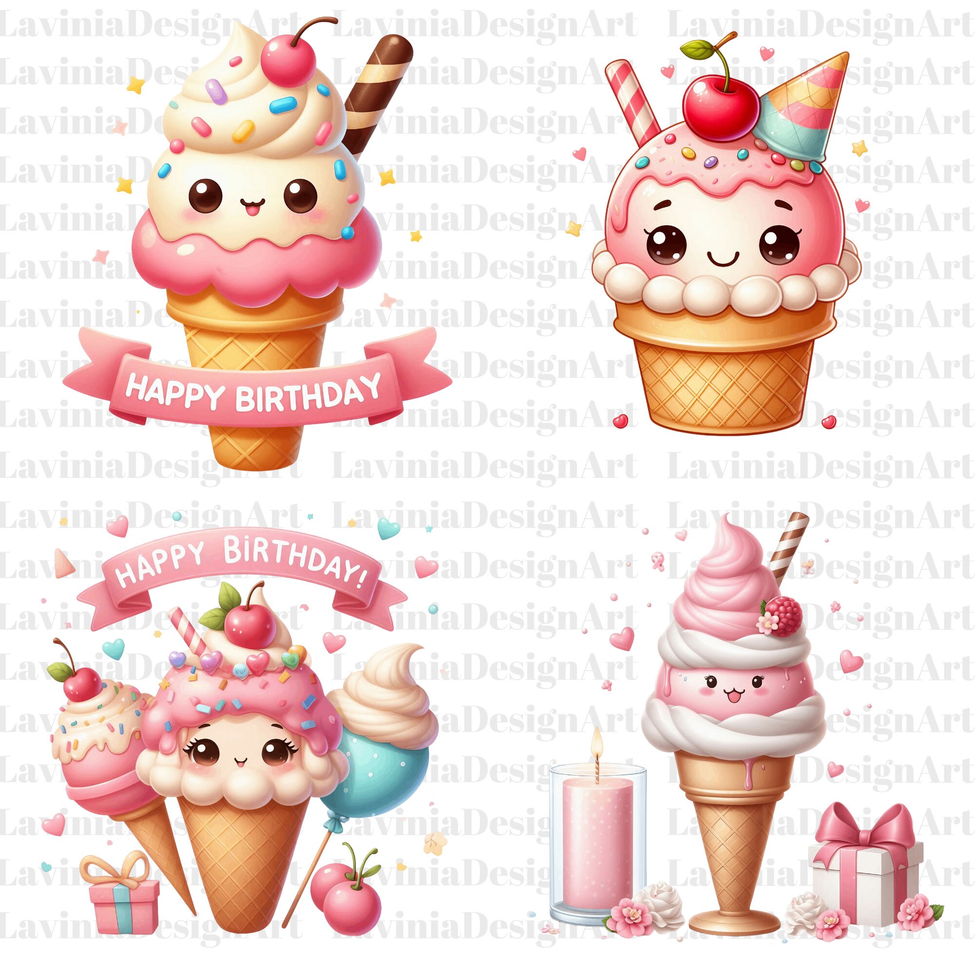 Ice Cream Happy Birthday Clipart Watercolor | Ice Cream Clipart | Cute ...
