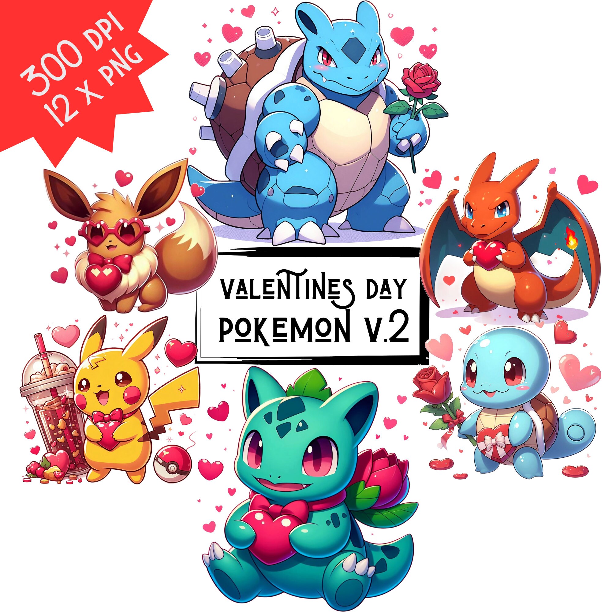 Watercolor Valentine's Day Pokemon V2 Clipart Bundle Pikachu Clipart ...