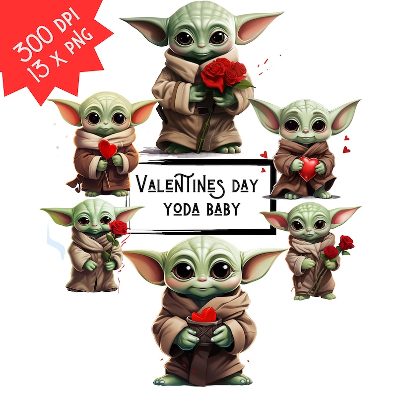 Watercolor Valentine's Day Yoda Baby Clipart Bundle Star Wars Clipart ...
