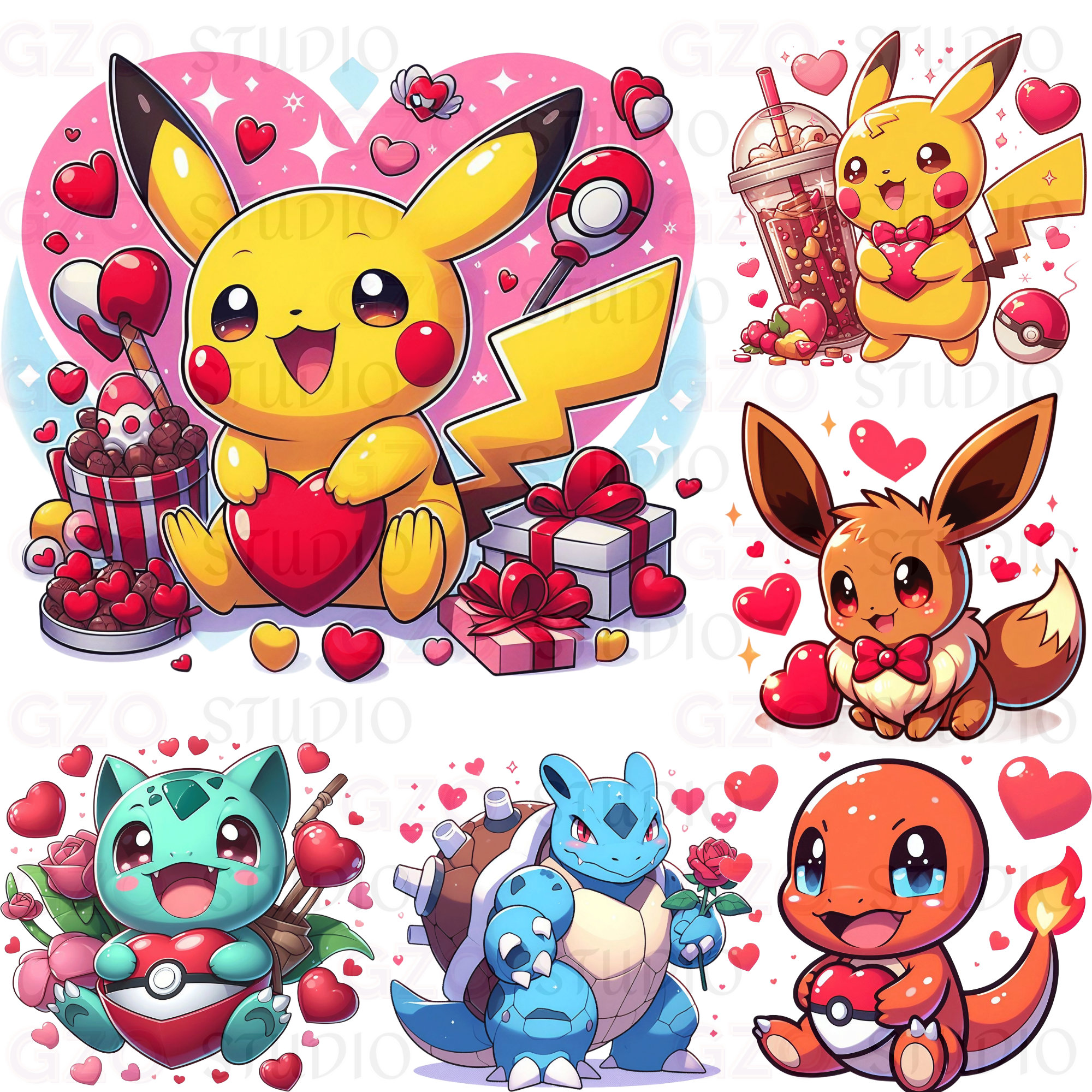 Watercolor Valentine's Day Pokemon V2 Clipart Bundle Pikachu Clipart ...