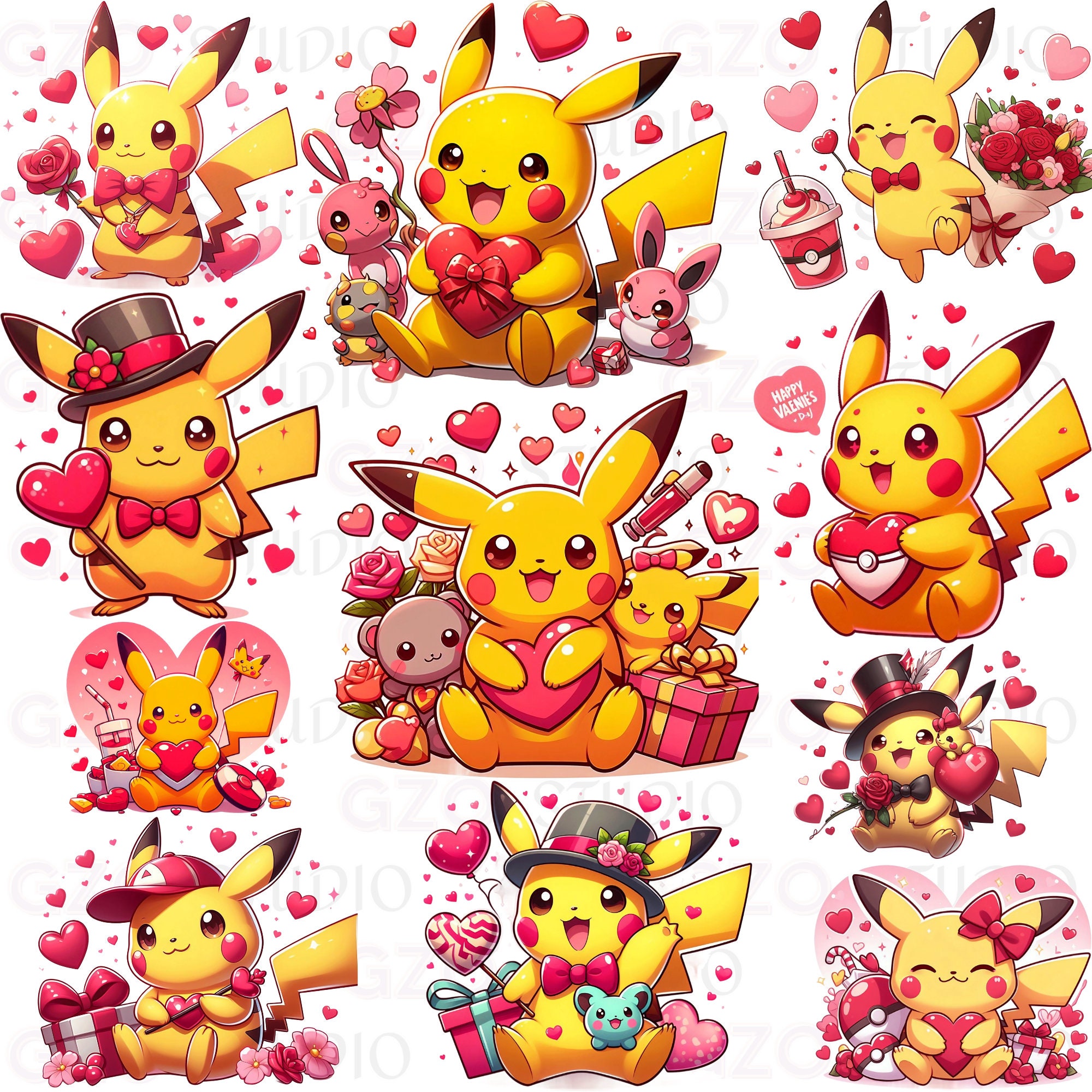 Watercolor Valentines Day Pikachu Clipart Bundle Valentines Day Clipart Pokemon Clipart Digital