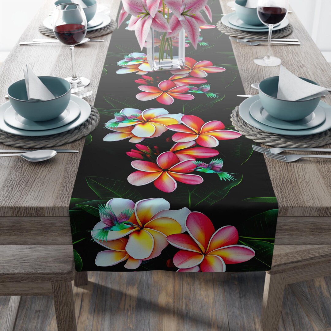 Tropical Table Runner, Plumerias and Hummingbirds Home Decor,kitchen ...