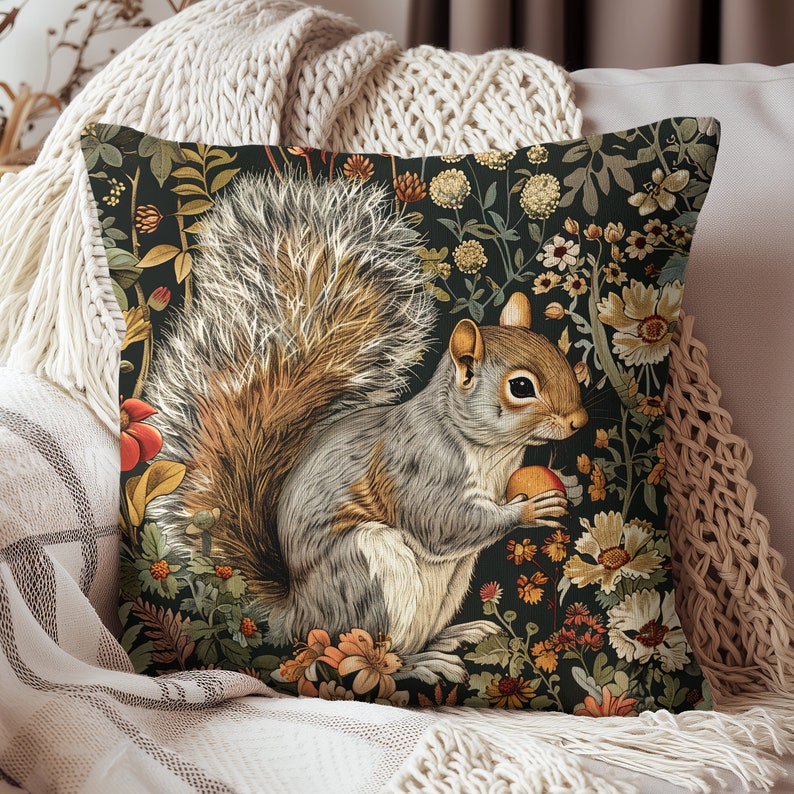 William Morris Style Grey Squirrel Pillow: Cottagecore Woodland Decor ...