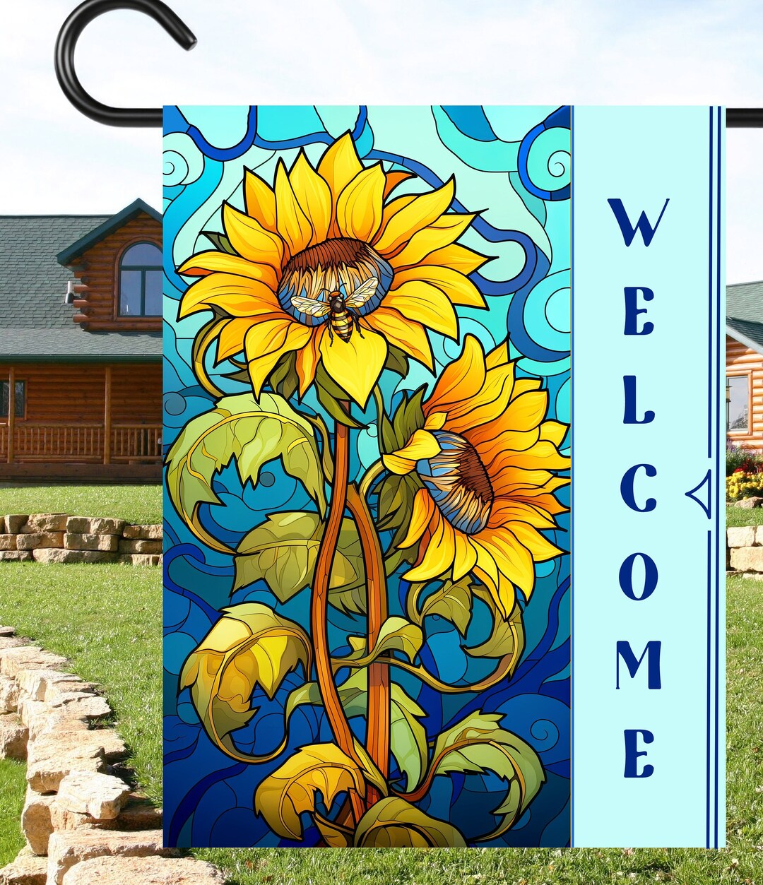 Sunflower Welcome Garden Flag: Stained Glass Style Floral Yard Banner ...