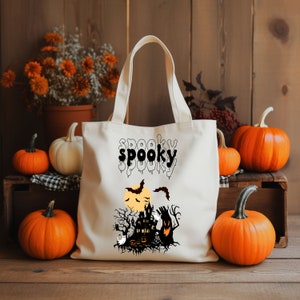 Halloween Canvas Tote Trick or Treat Bag, Spooky Halloween Bag, Haunted ...