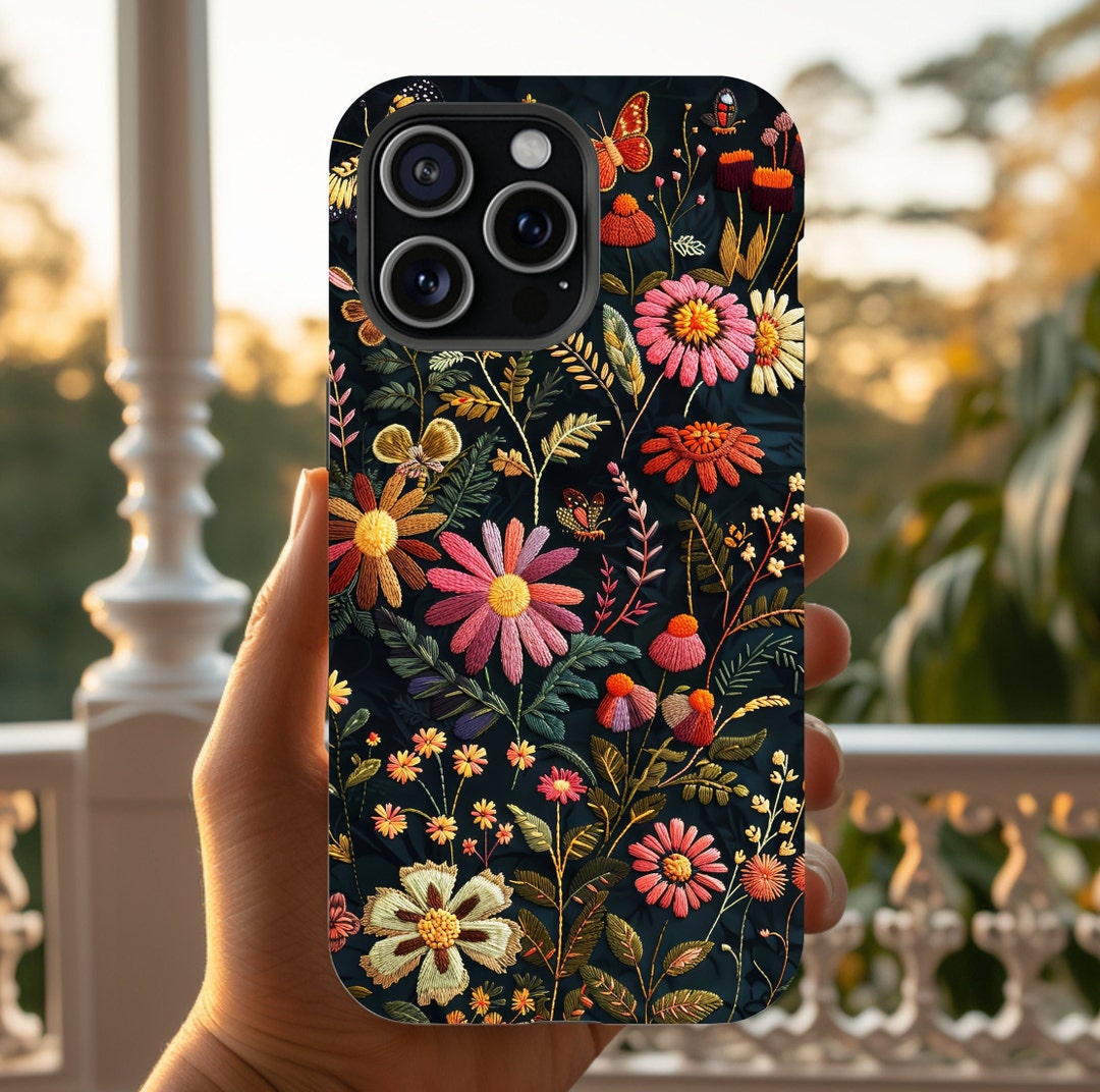 Embroidered Look Magnetic iPhone Case, Boho Floral iPhone Case, Dark ...