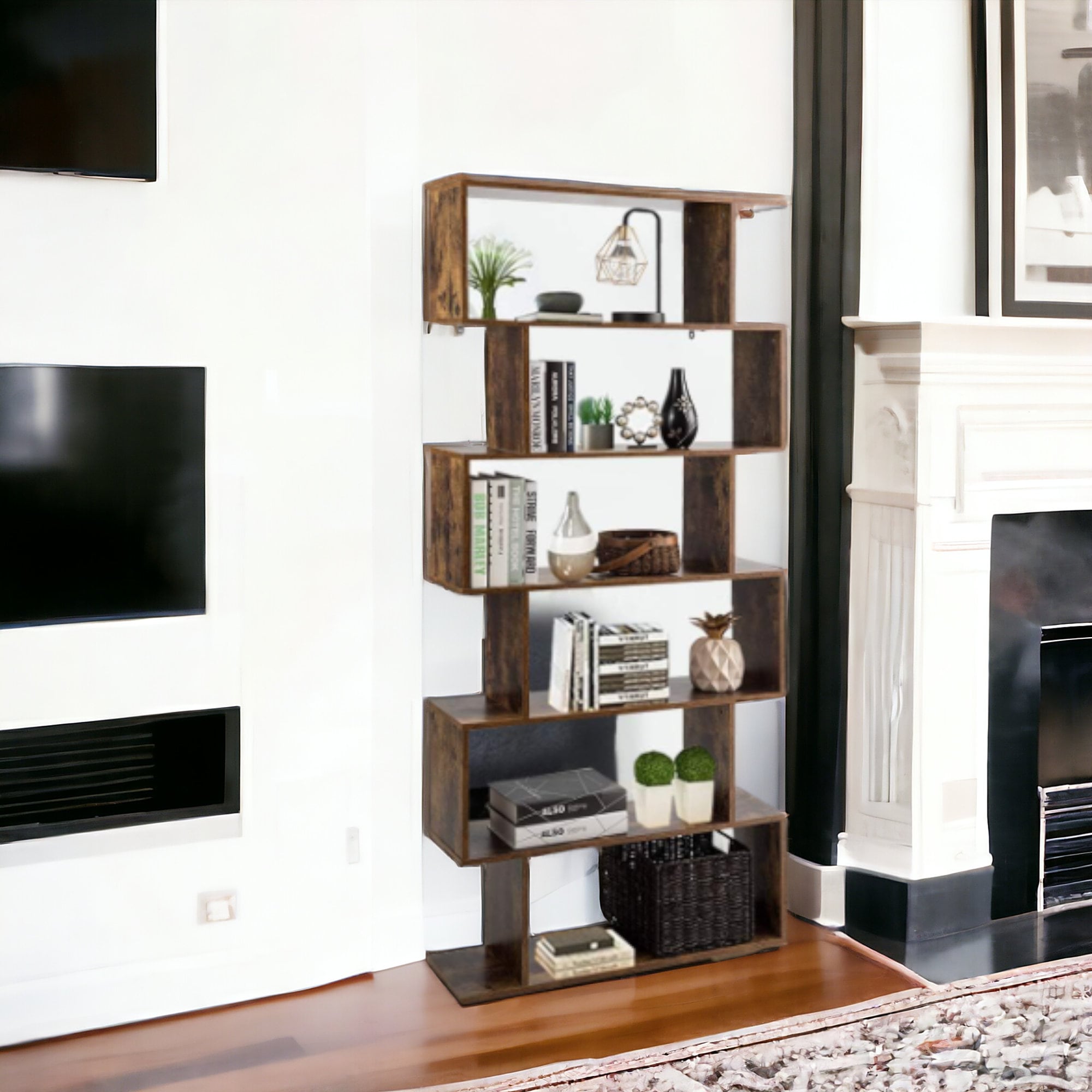 Wooden Bookcase, 6 Tiers Freestanding Storage Shelf, Home Office ...