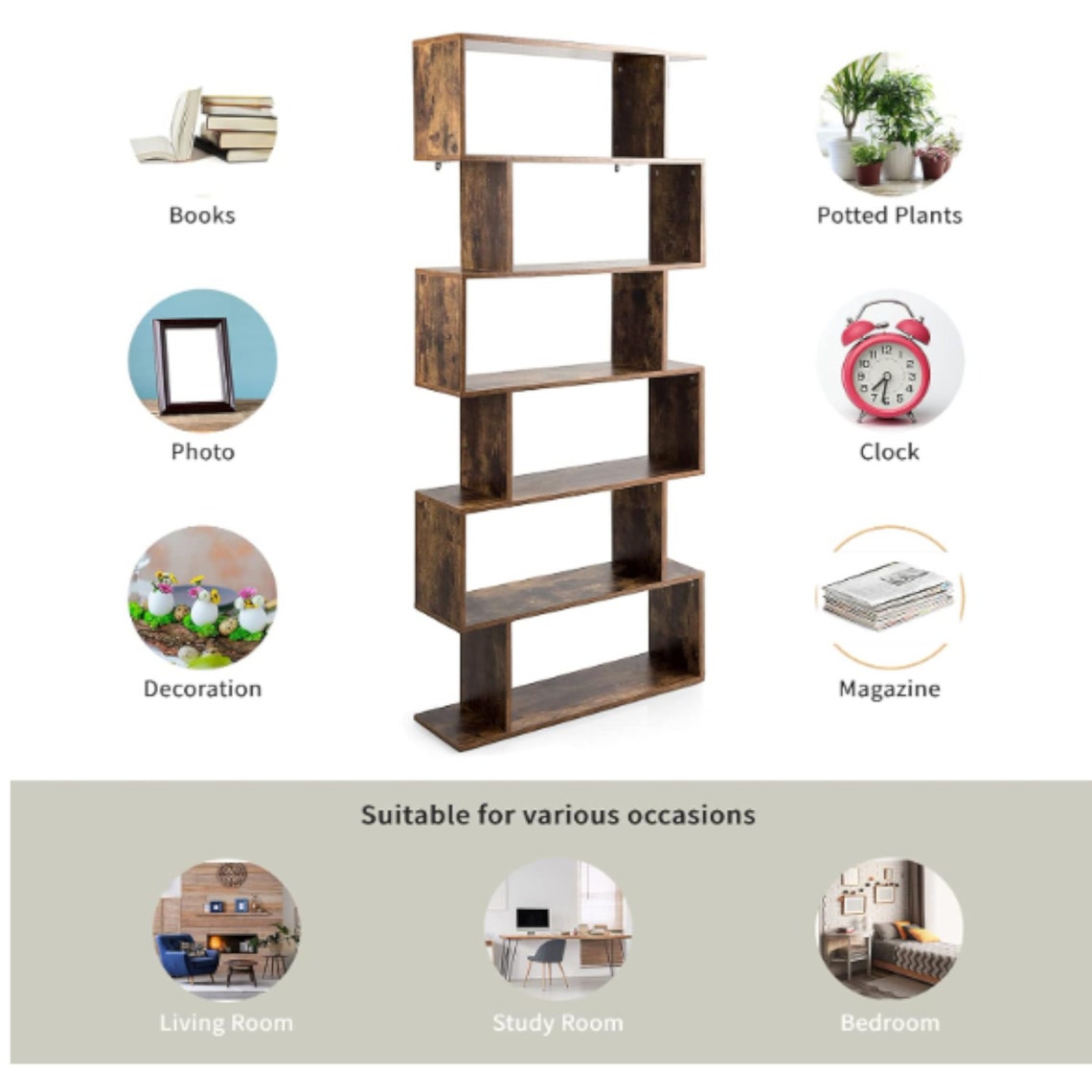 Wooden Bookcase, 6 Tiers Freestanding Storage Shelf, Home Office ...