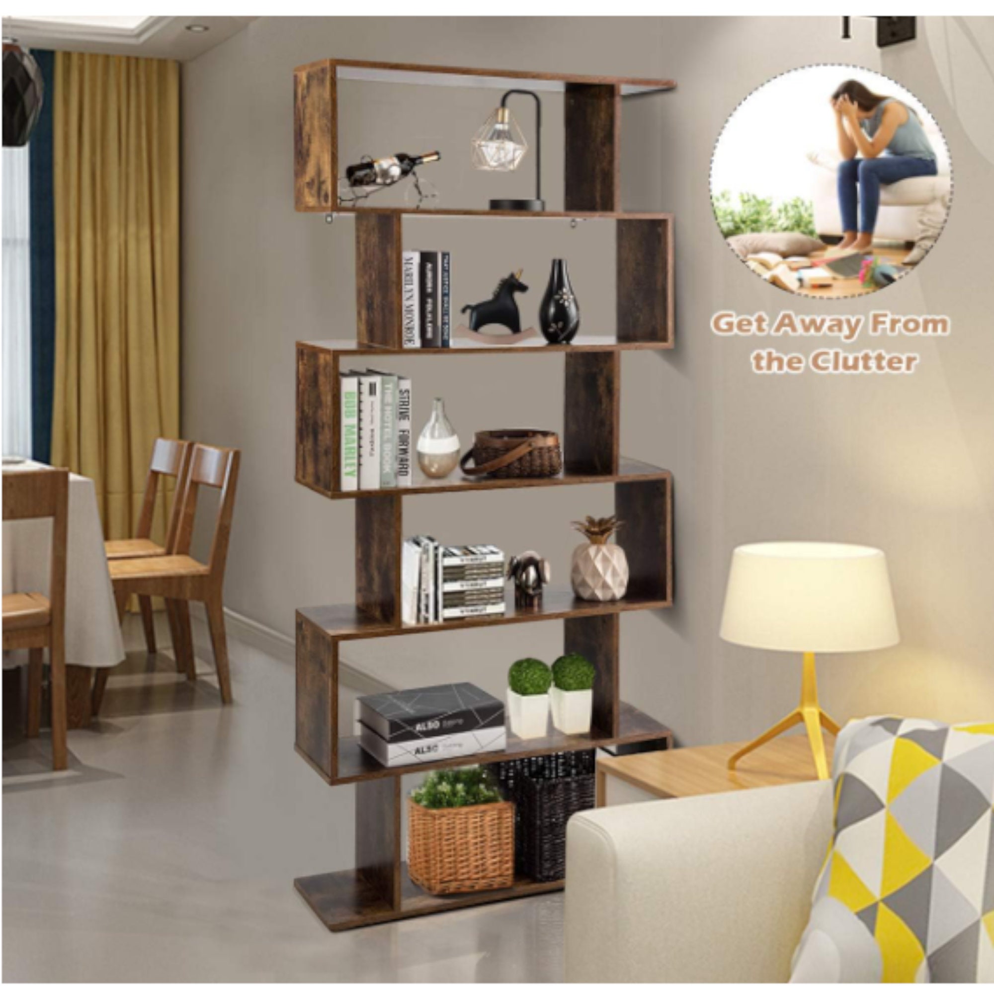 Wooden Bookcase, 6 Tiers Freestanding Storage Shelf, Home Office ...