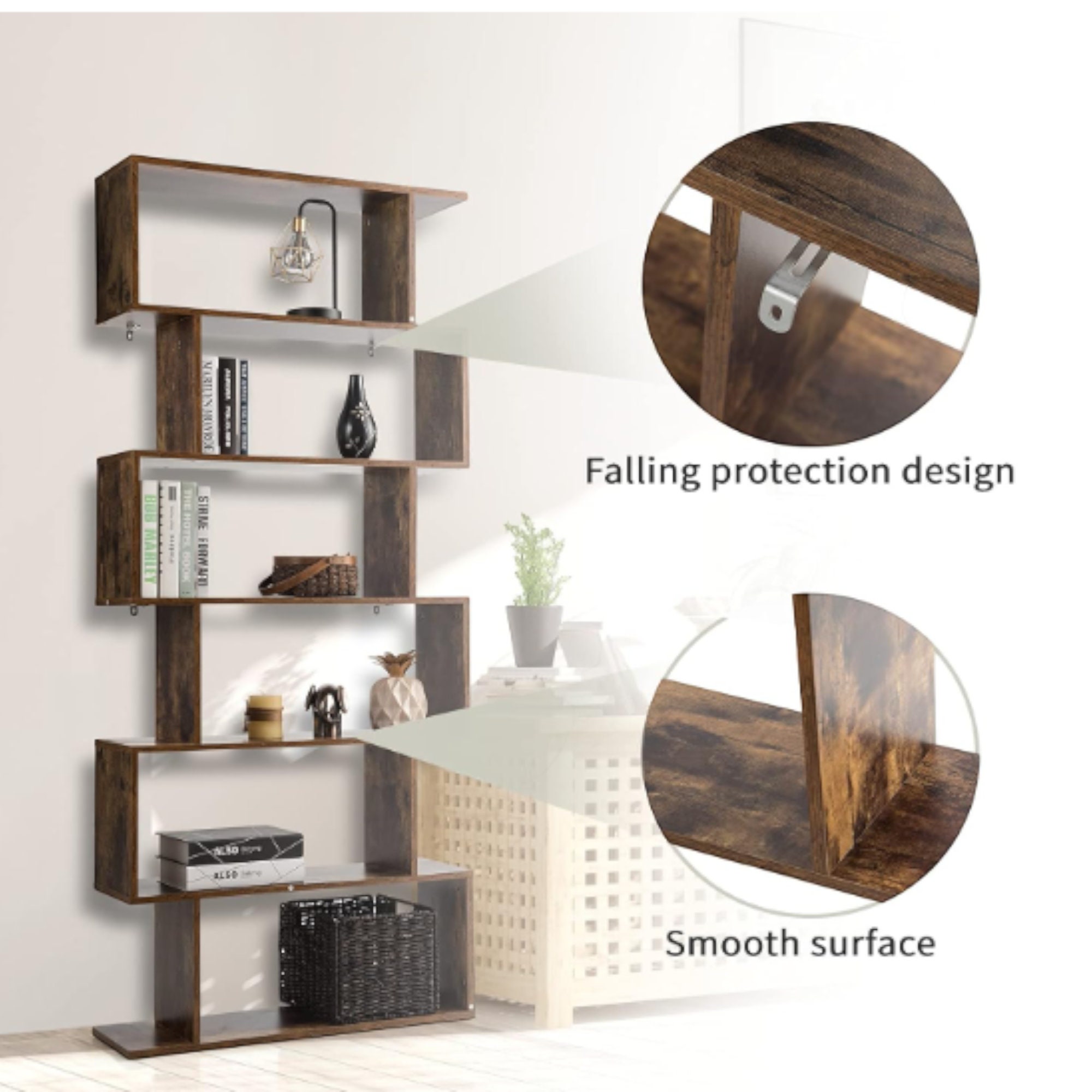 Wooden Bookcase, 6 Tiers Freestanding Storage Shelf, Home Office ...