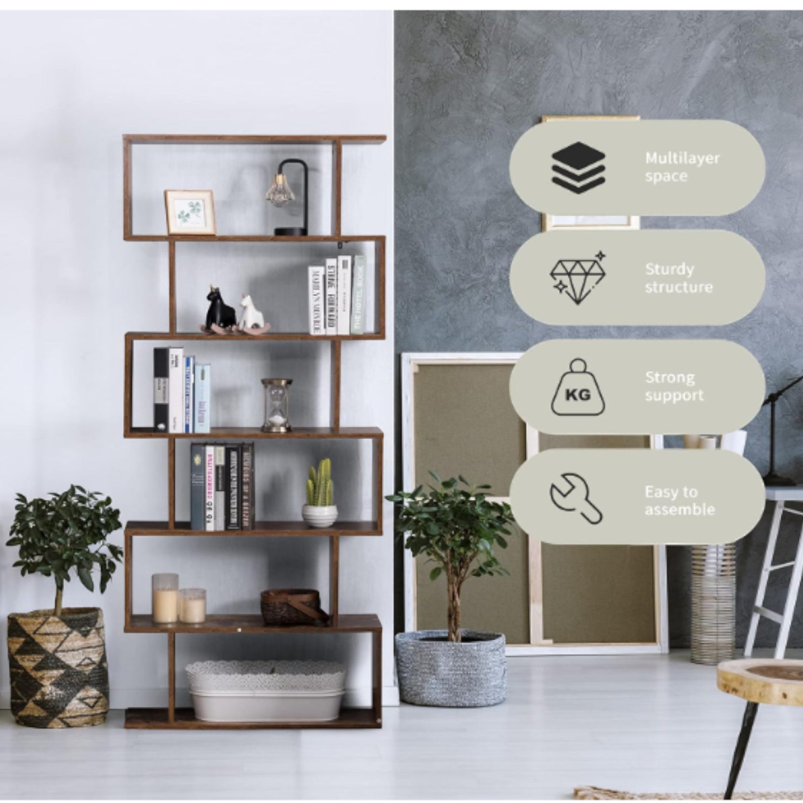 Wooden Bookcase, 6 Tiers Freestanding Storage Shelf, Home Office ...