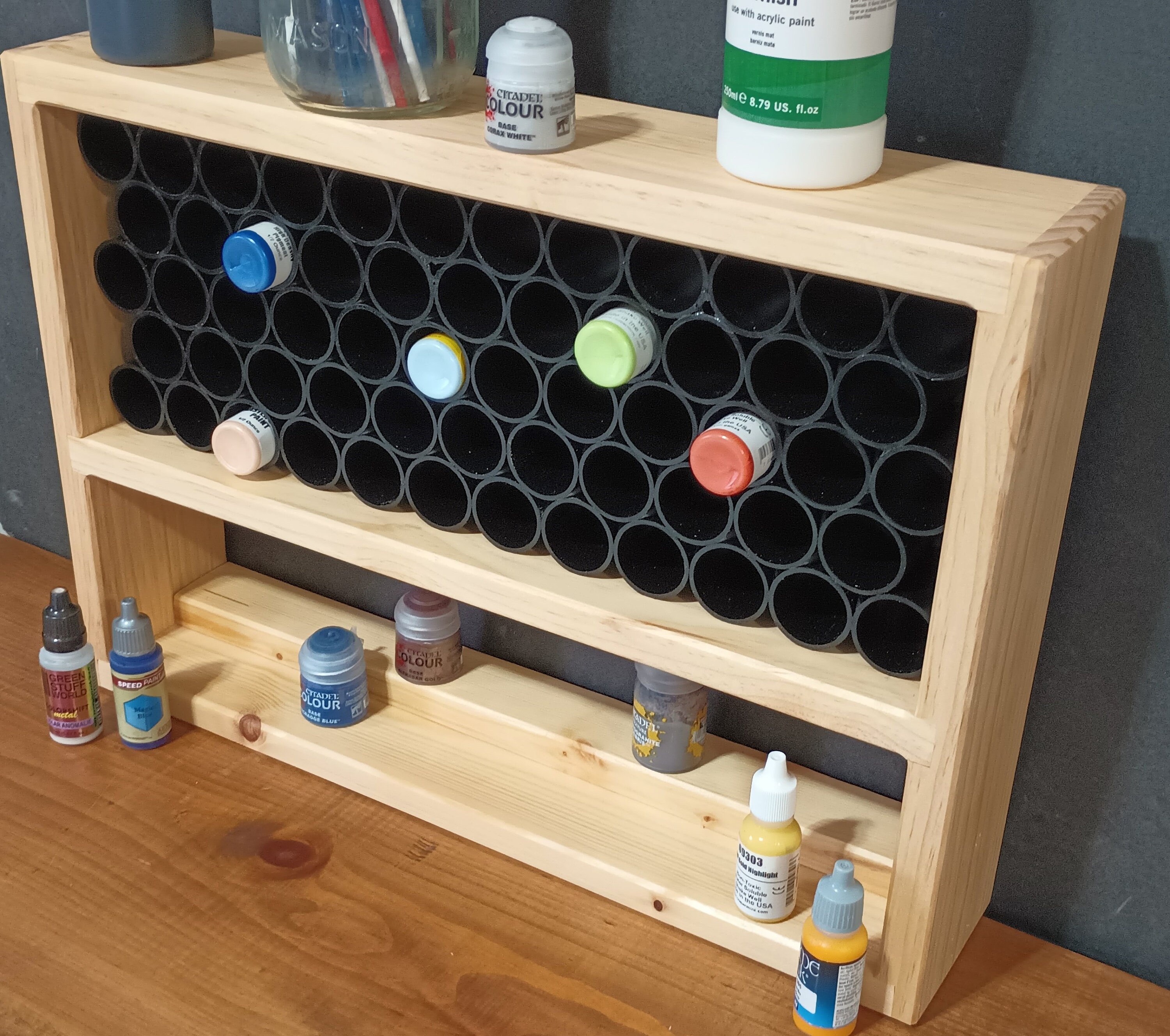 Solid Wood Paint Rack With Shelving Below- Holds 58 Standard Dropper ...