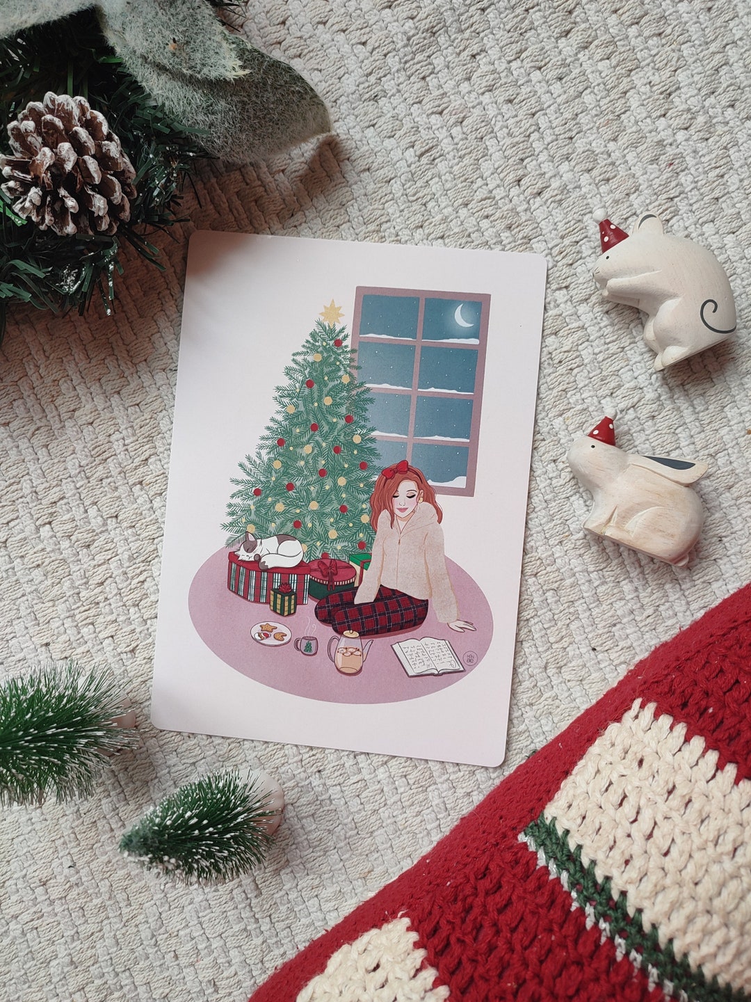 Carte de fêtes de fin dannée, la fille, le sapin et le chat - Etsy France