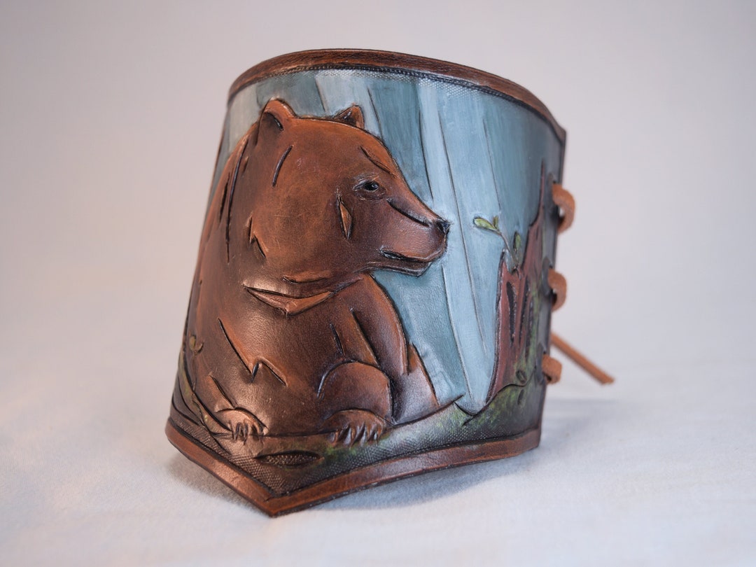 Hand Tooled Leather Bear Cuff Bracelet Laced Closure Hand Painted - Etsy