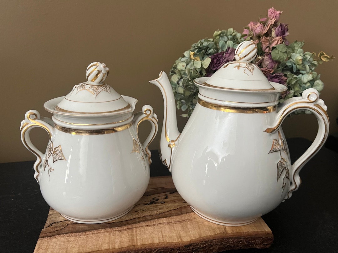 Haviland Limoges H&co, Coffee Pot and Biscuit Jar Set. Antique Ivy Leaf ...