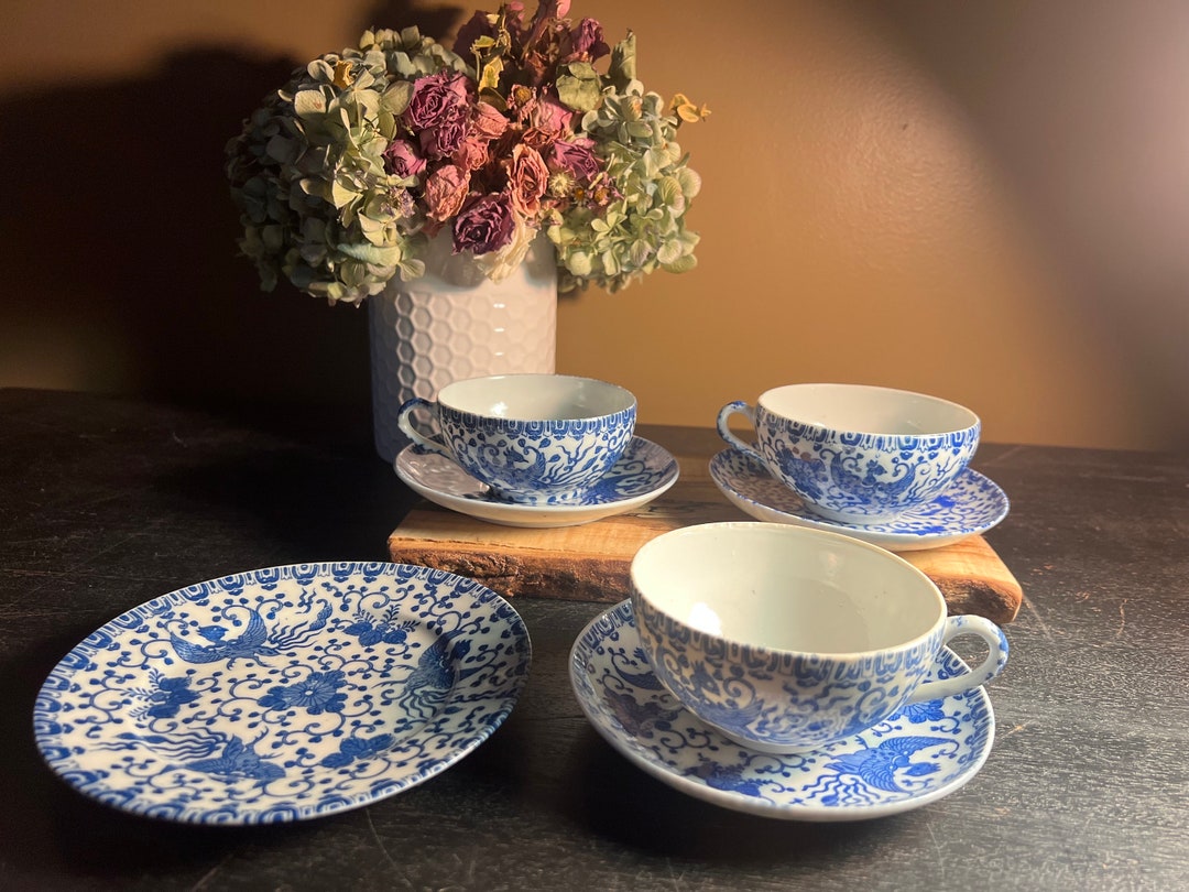 Vintage Blue White Tea Cup and Saucer Phoenix Bird Eggshell Porcelain ...