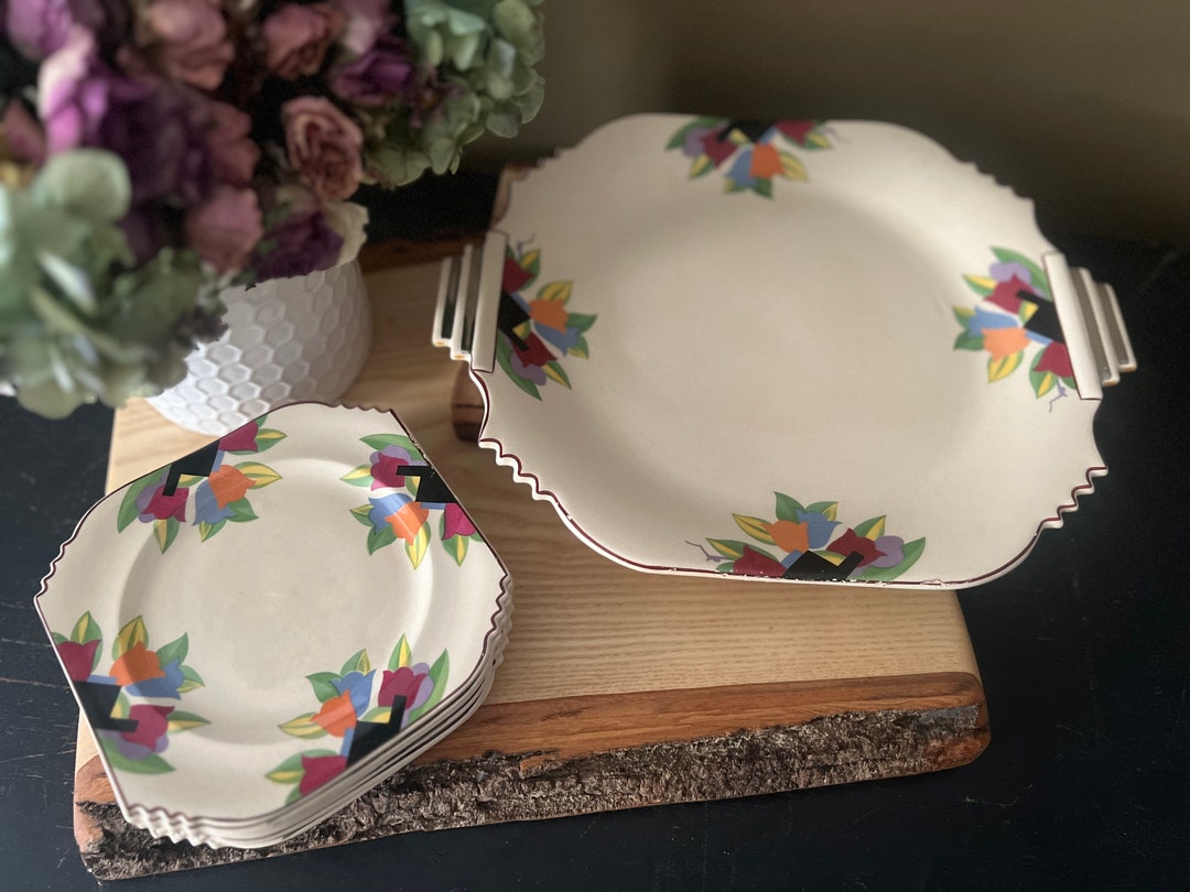 Rare Set of 6 Vintage "deco Tulip" Sienna Ware Small Plates and Serving ...