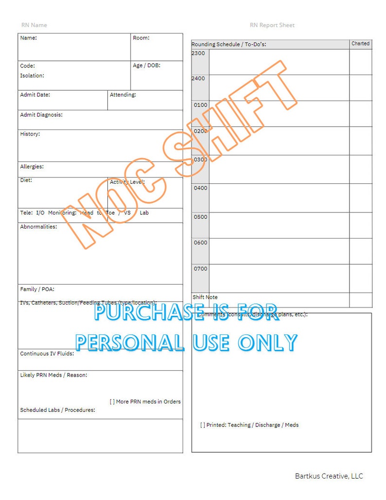 RN Nursing Report Sheet / Template - Etsy