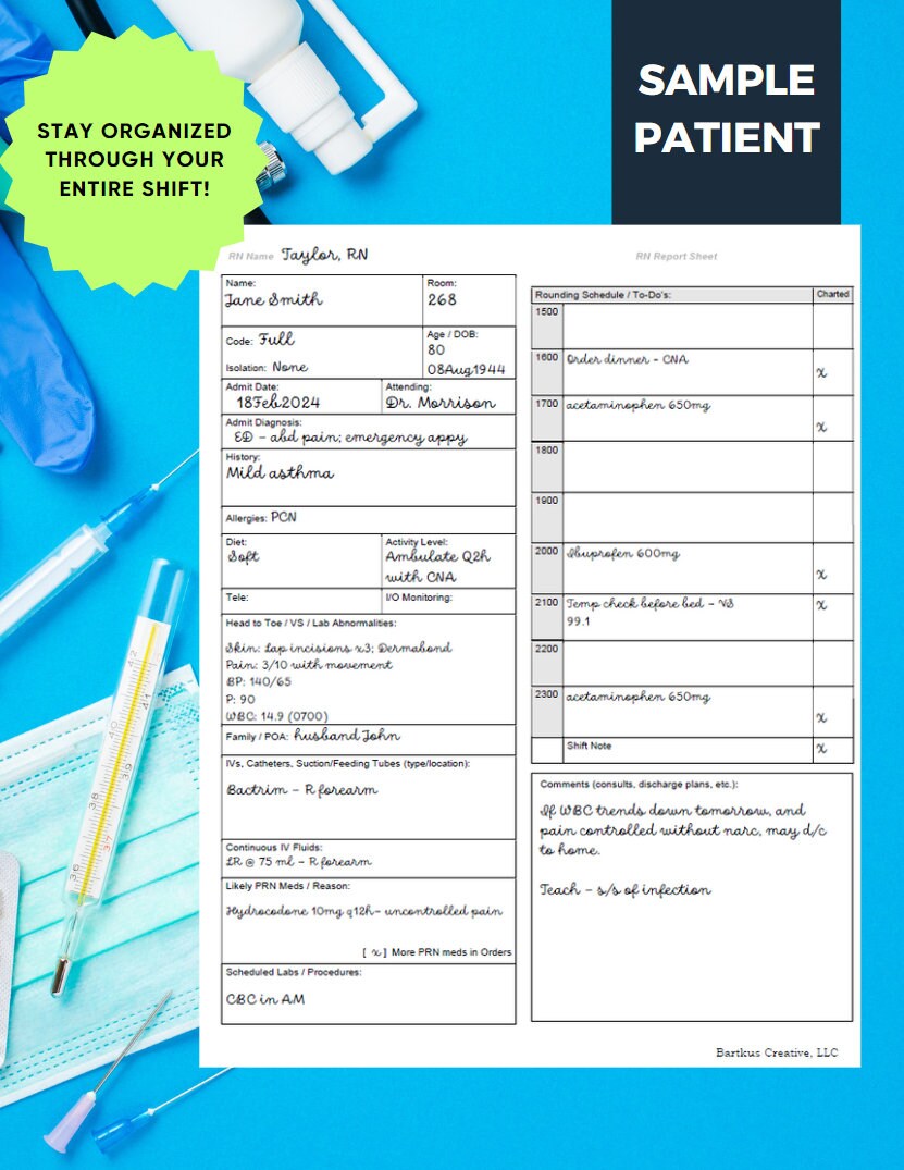RN Nursing Report Sheet / Template - Etsy