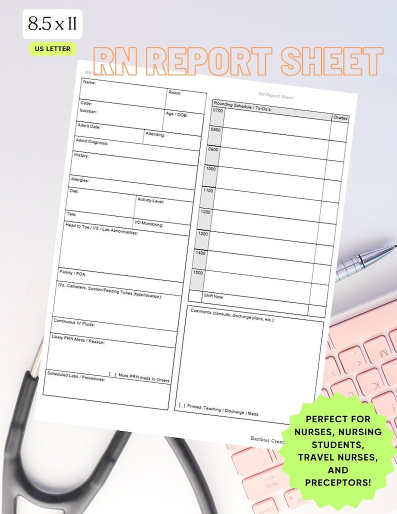 RN Nursing Report Sheet / Template - Etsy