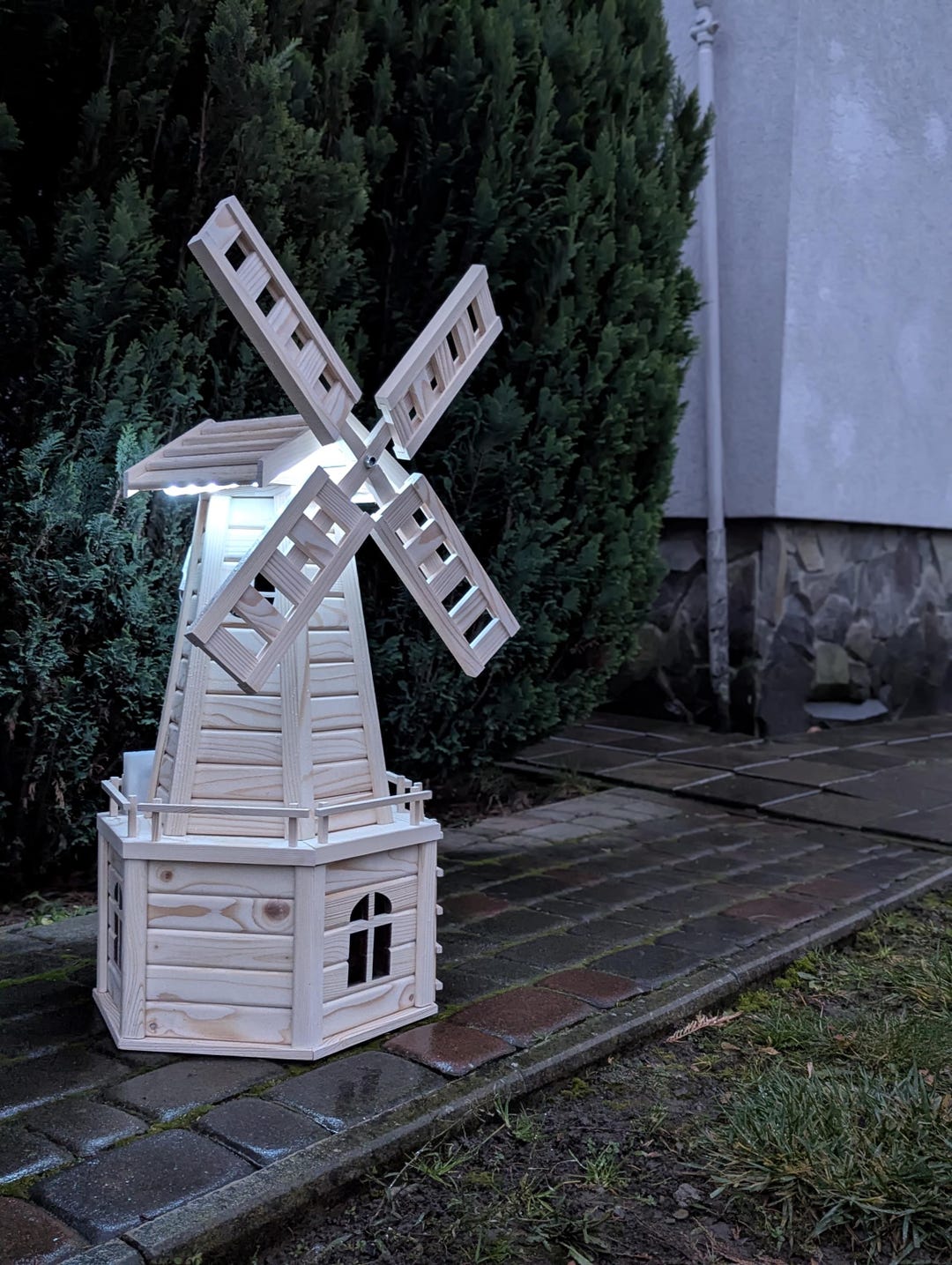 Handcrafted Hexagonal Wooden Windmill | Large Led Lighted Garden Decor | Rustic Outdoor Yard ...