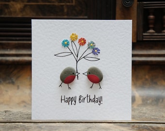 Pebble Art Card, Robin Birthday Card, Birthday Card, Unique Pebble Card ...