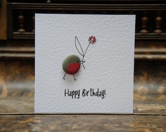 Pebble Art Card, Robin Birthday Card, Birthday Card, Unique Pebble Card ...