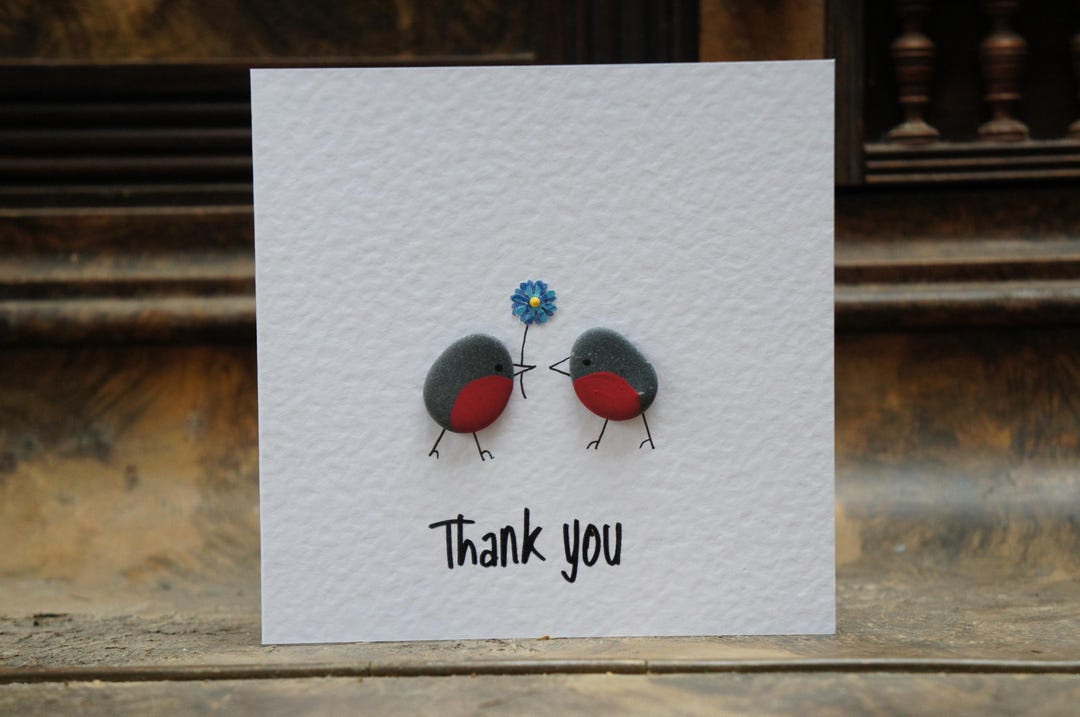 Pebble Art Card, Robin With Flower Card, Thank You Card, Unique Pebble ...