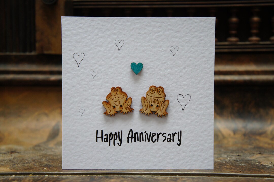 Frog Anniversary Card, Wooden Frogs and Hearts, Handmade - Etsy