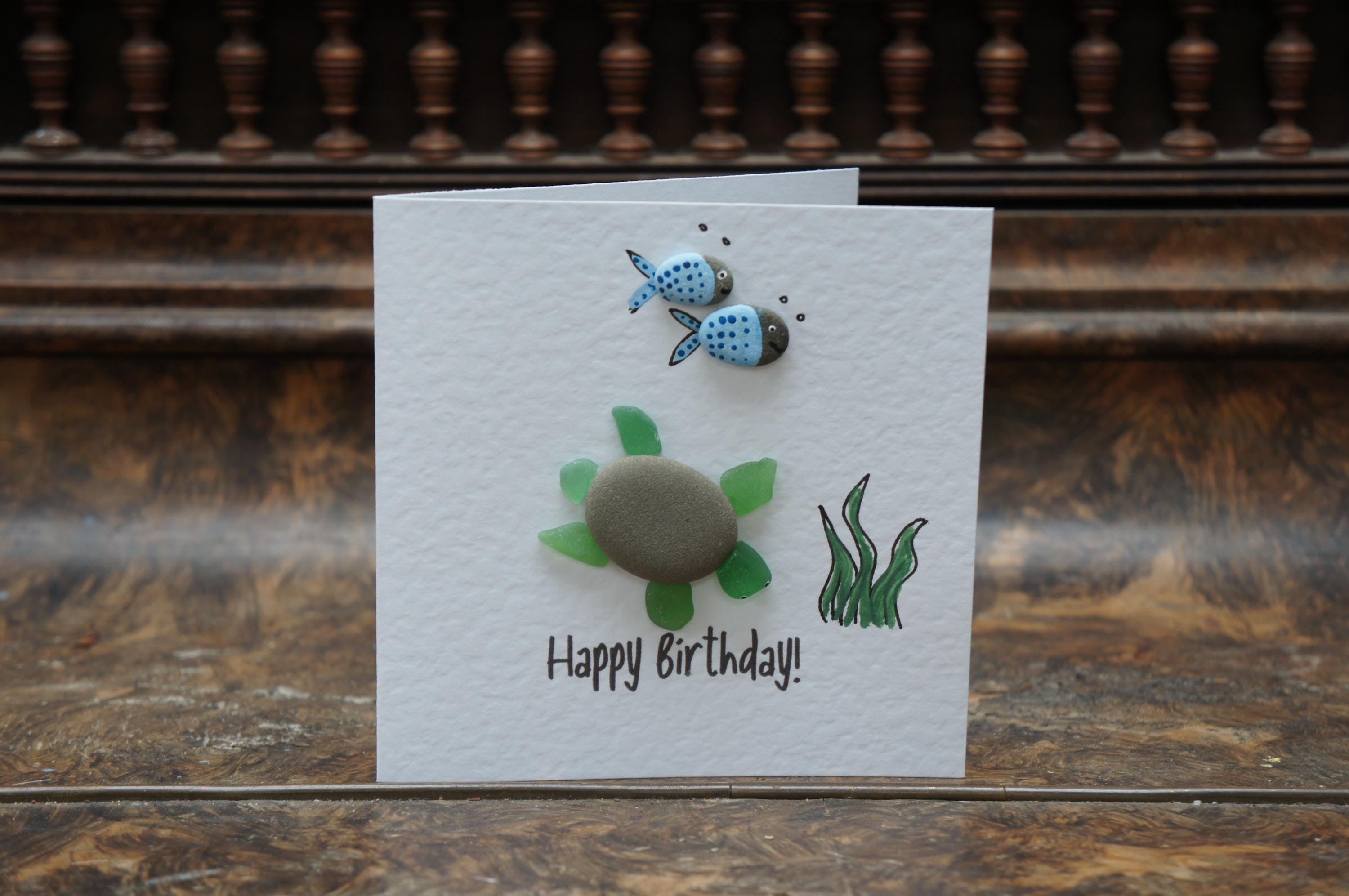 Cute Sea Turtle Birthday Card, Birthday Card, Pebble and Sea Glass Card ...