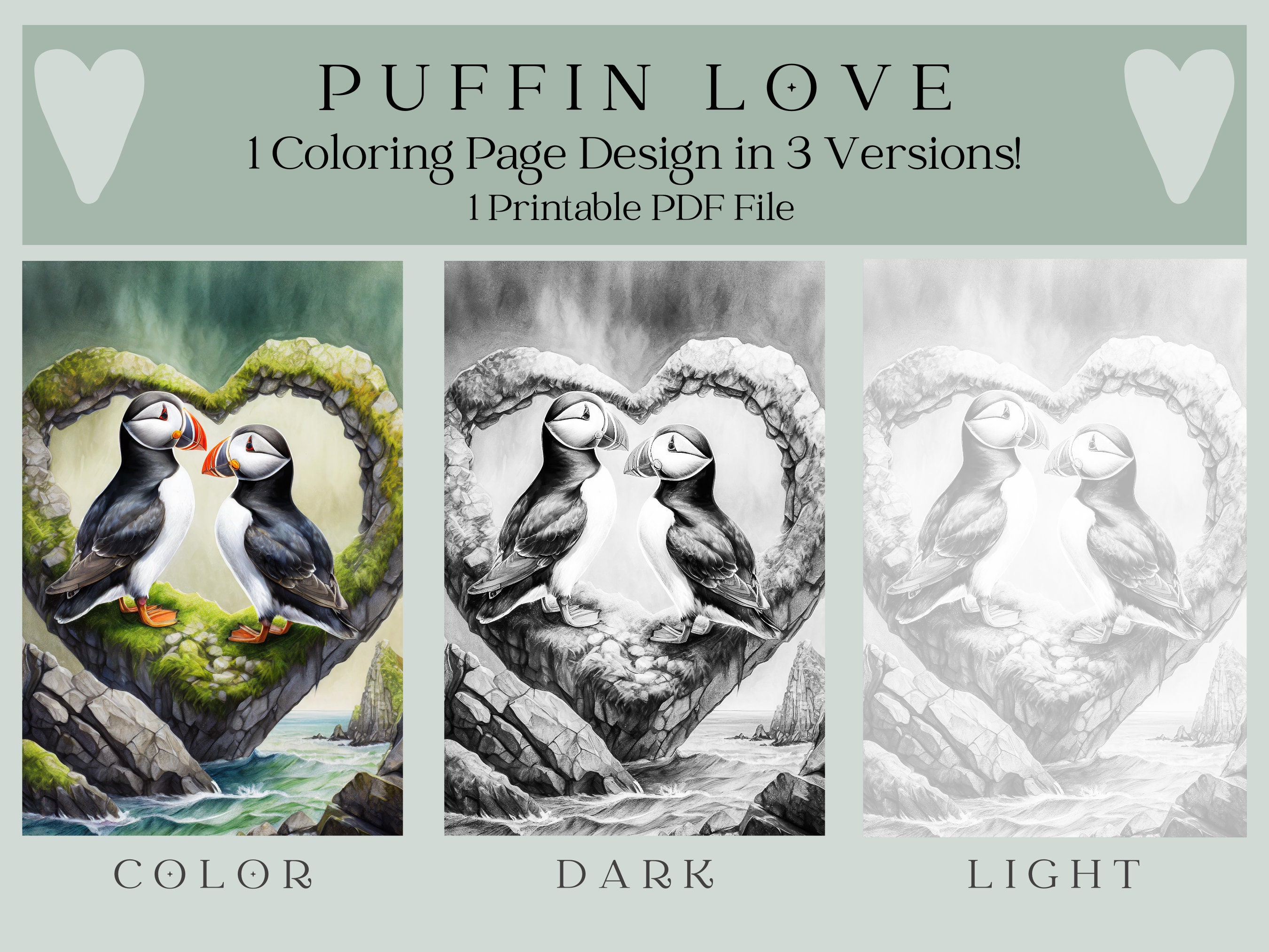 Puffin Love Printable Puffins Coloring Page, Valentines Heart Coloring ...