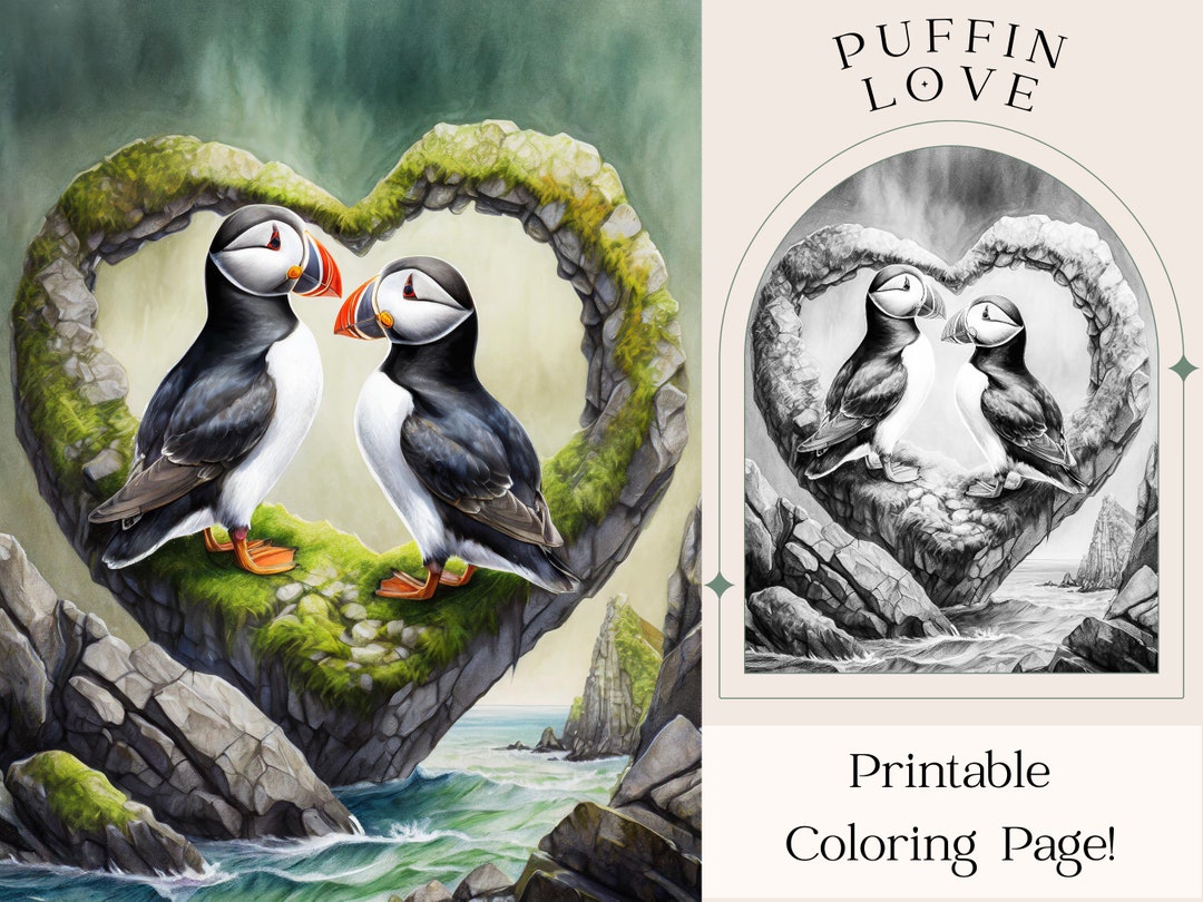 Puffin Love Printable Puffins Coloring Page, Valentines Heart Coloring ...