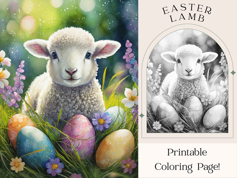 Easter Lamb Coloring Page Springtime Activity, Baby Sheep Illustration ...