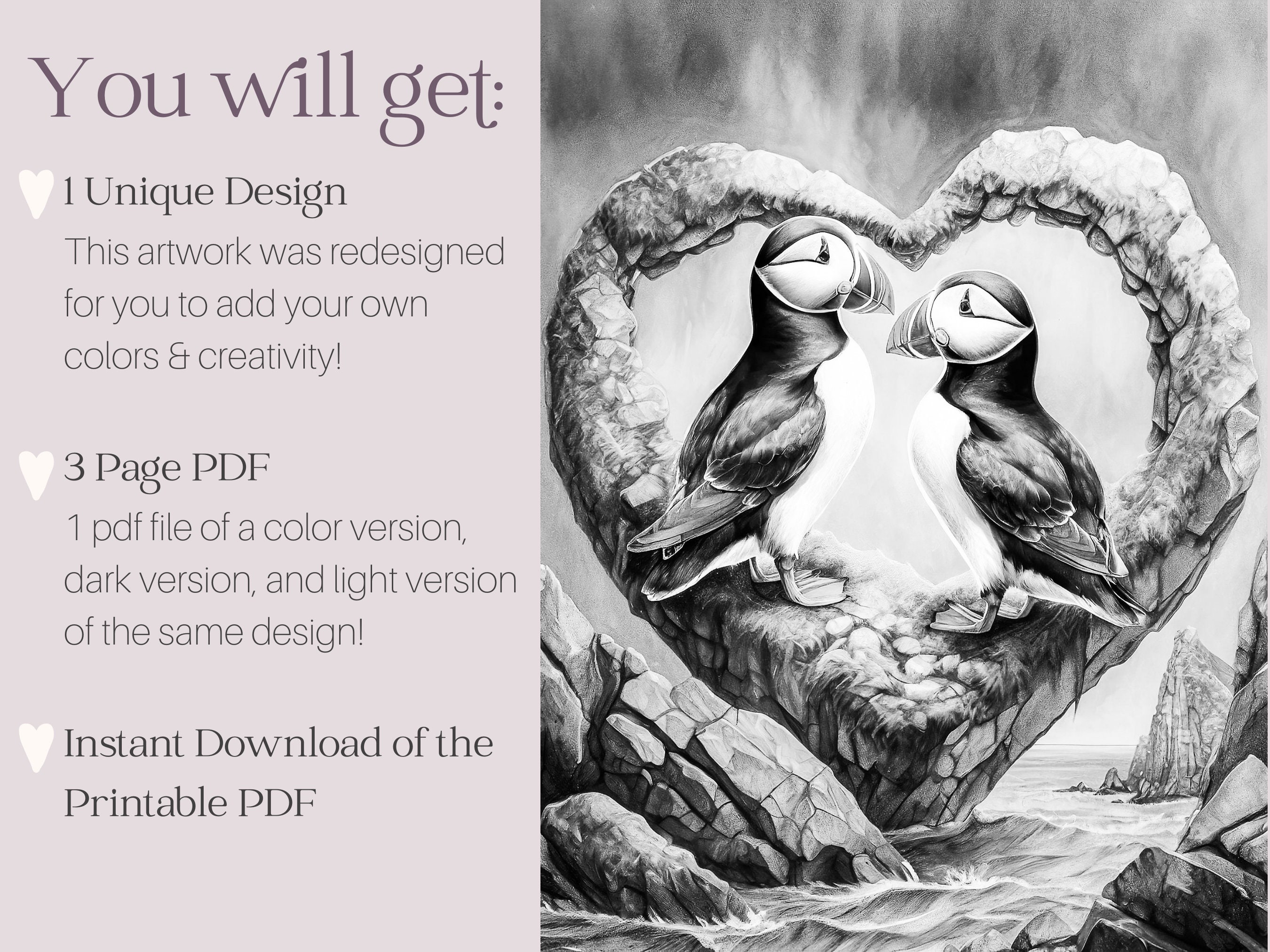 Puffin Love Printable Puffins Coloring Page, Valentines Heart Coloring ...