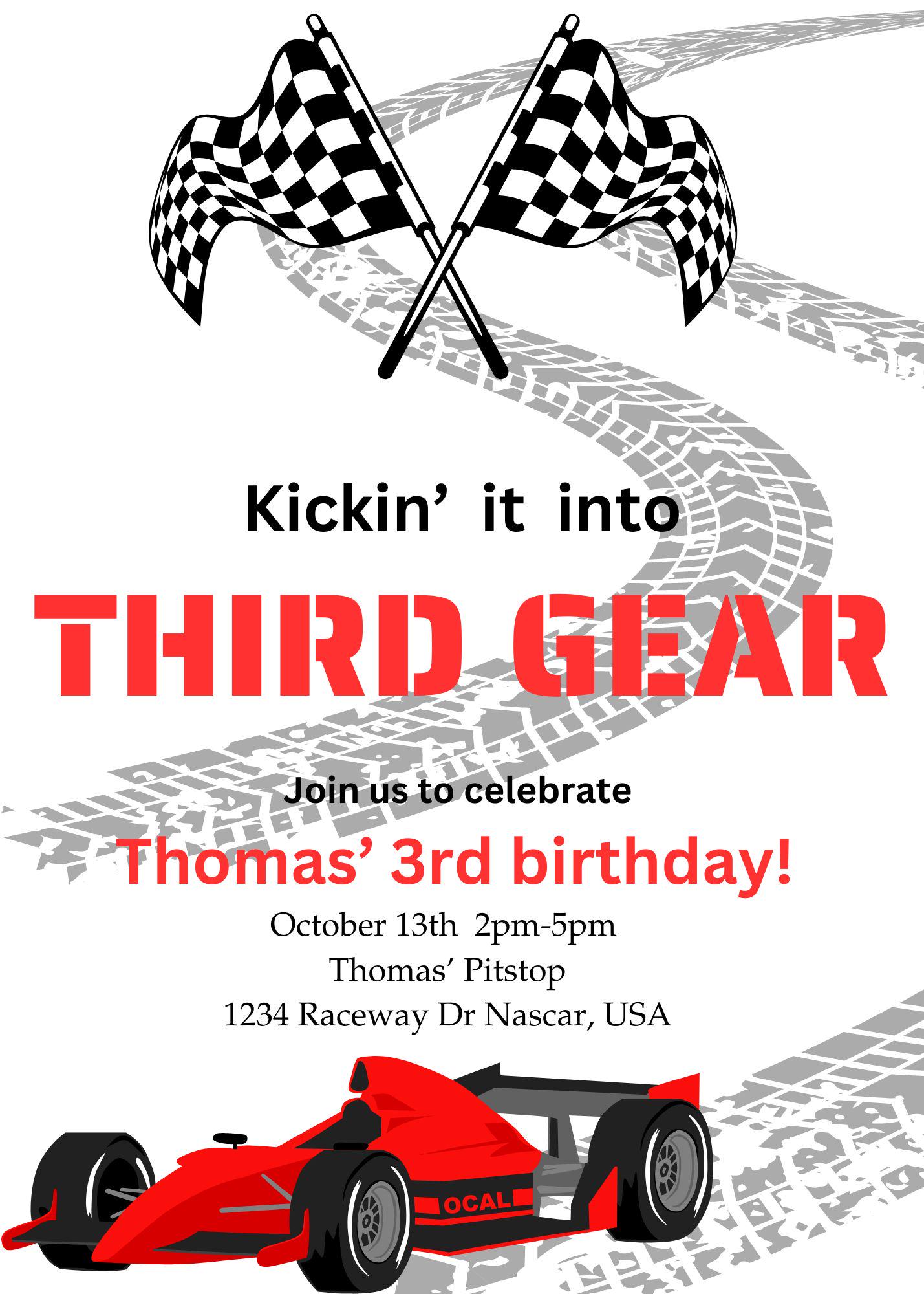Racing Theme Birthday Invitation Third Gear Boys 3rd Birthday *digital ...