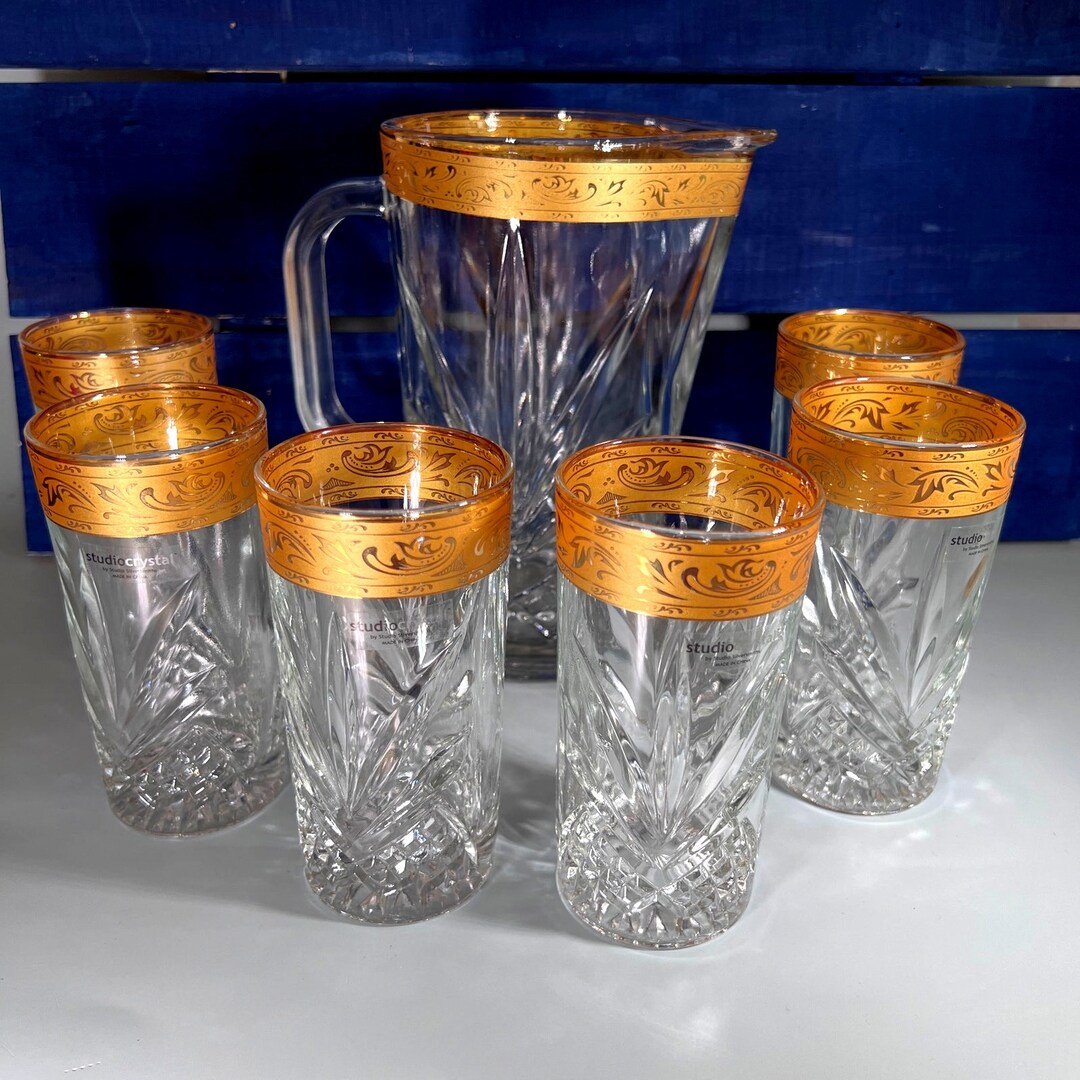 Vintage Studio Crystal by Studio Silversmiths Barware Set With 24kt ...